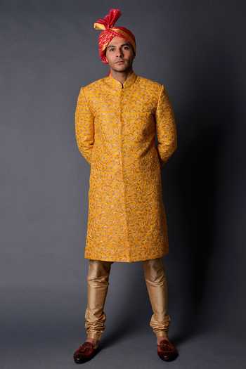 Buy Anurav Yellow Brocade Embroidered Sherwani Online | Aza Fashions