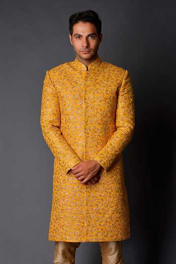 Buy Anurav Yellow Brocade Embroidered Sherwani Online | Aza Fashions