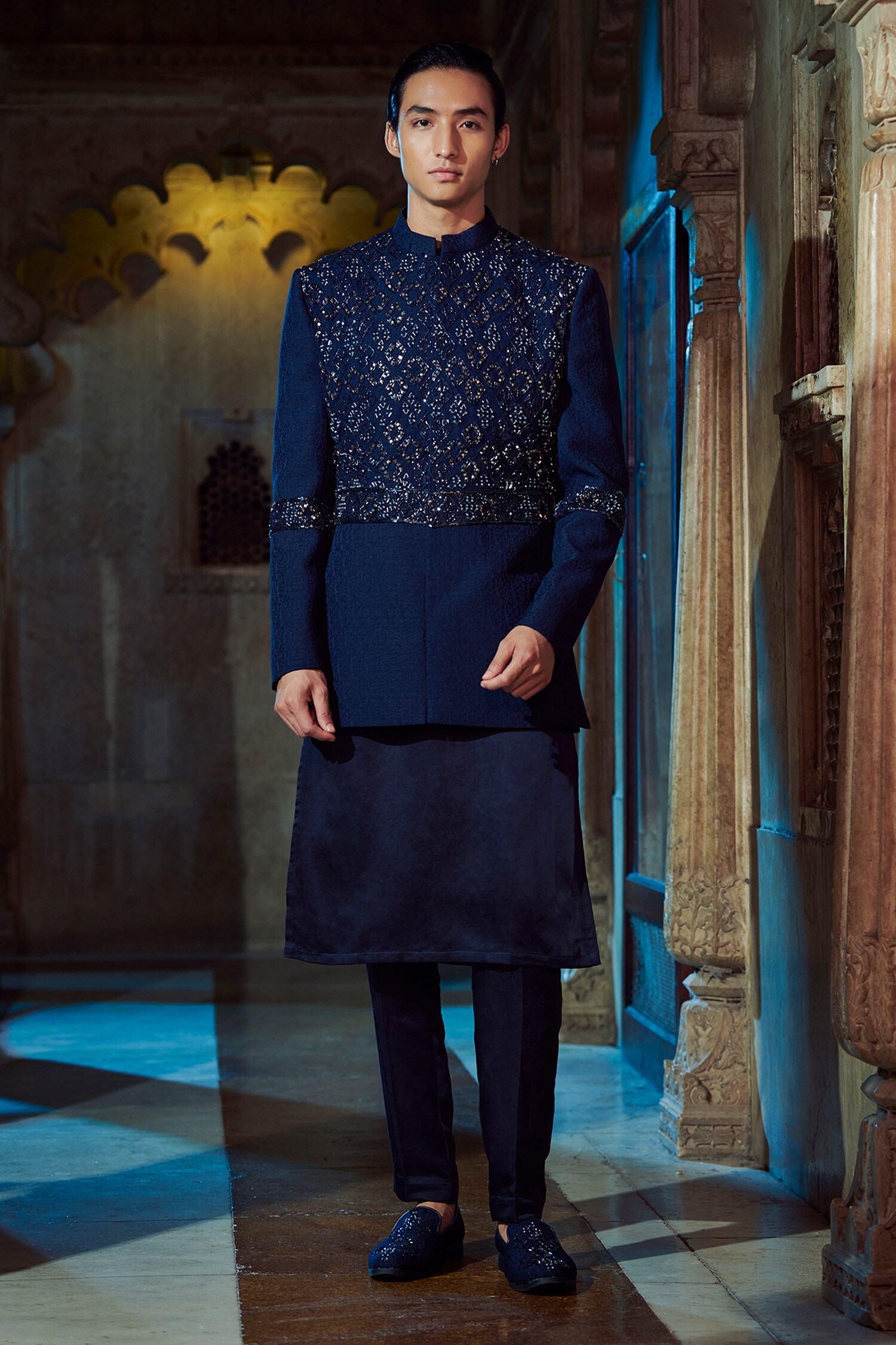 Buy Bindani by Jigar & Nikita Blue Geometric Embroidered Bandhgala Set ...