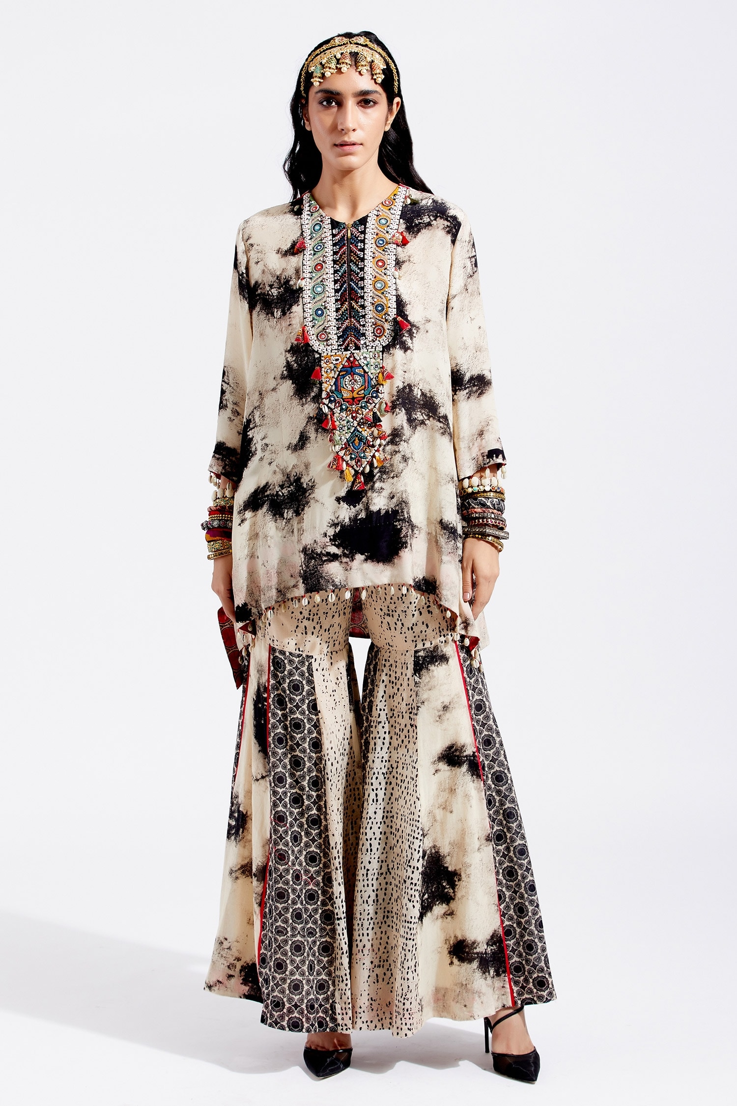 Buy Aseem Kapoor Beige Kurta Mitra Tie And Dye Sharara Set Online | Aza ...