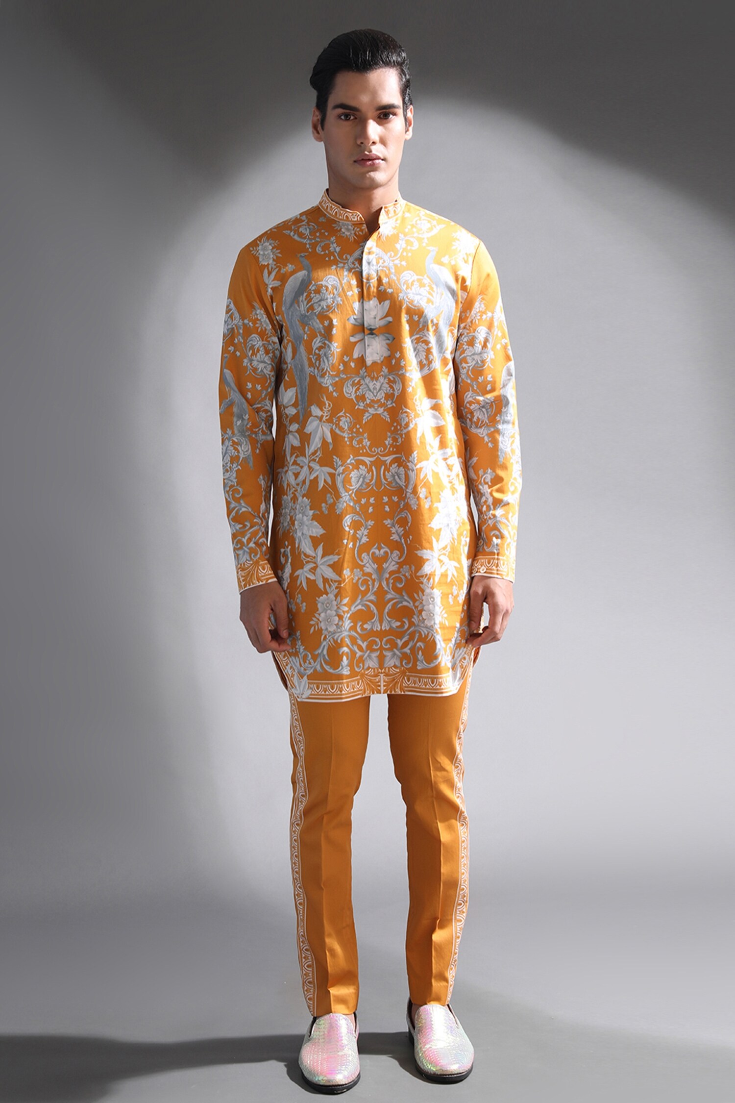 Buy Mr. Ajay Kumar Yellow Luxe Cotton Anton Floral Print Kurta Set ...