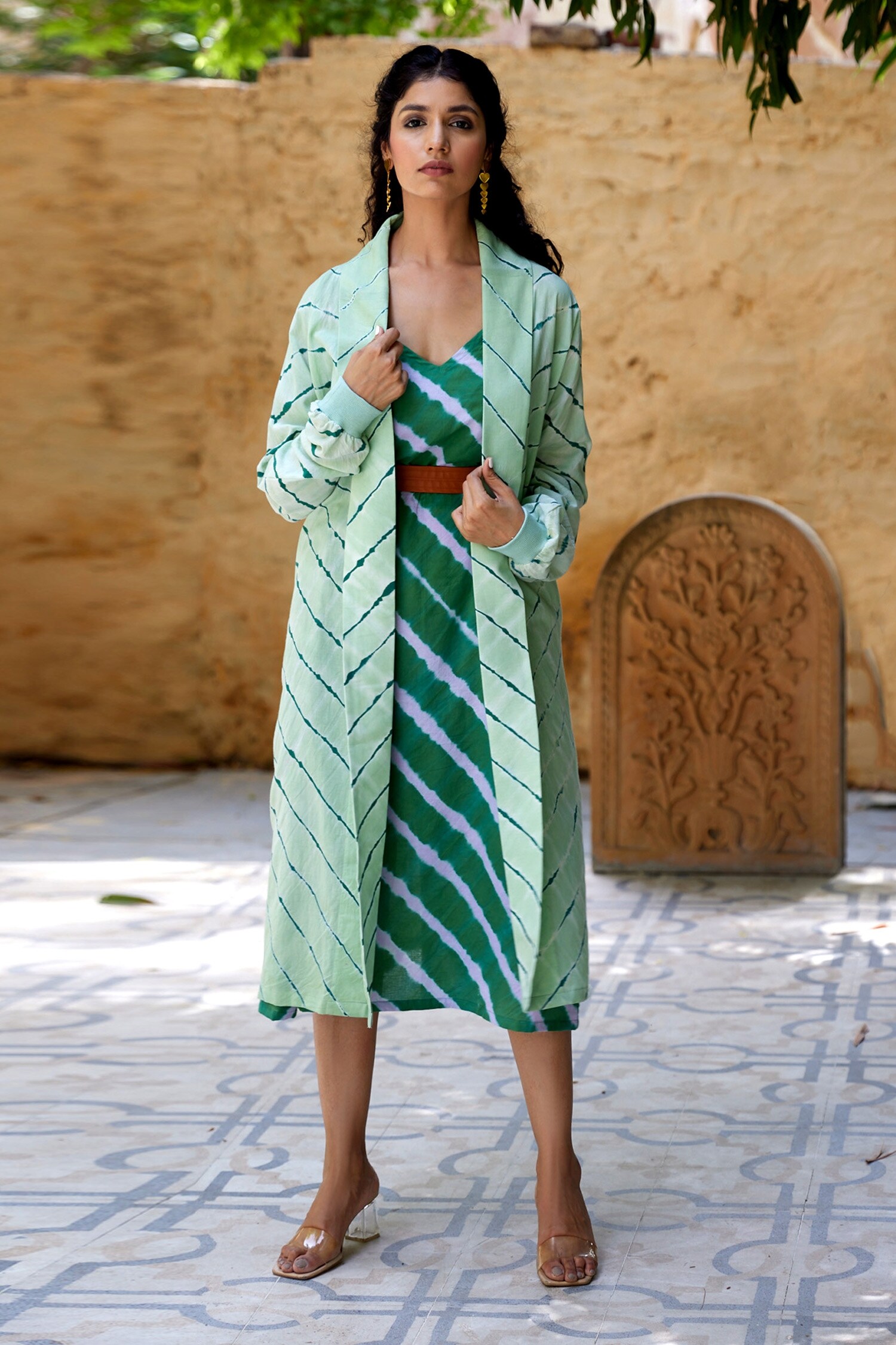 Buy Green Cotton Print Leheriya Collared Neck Kuwait Jacket And Dress ...