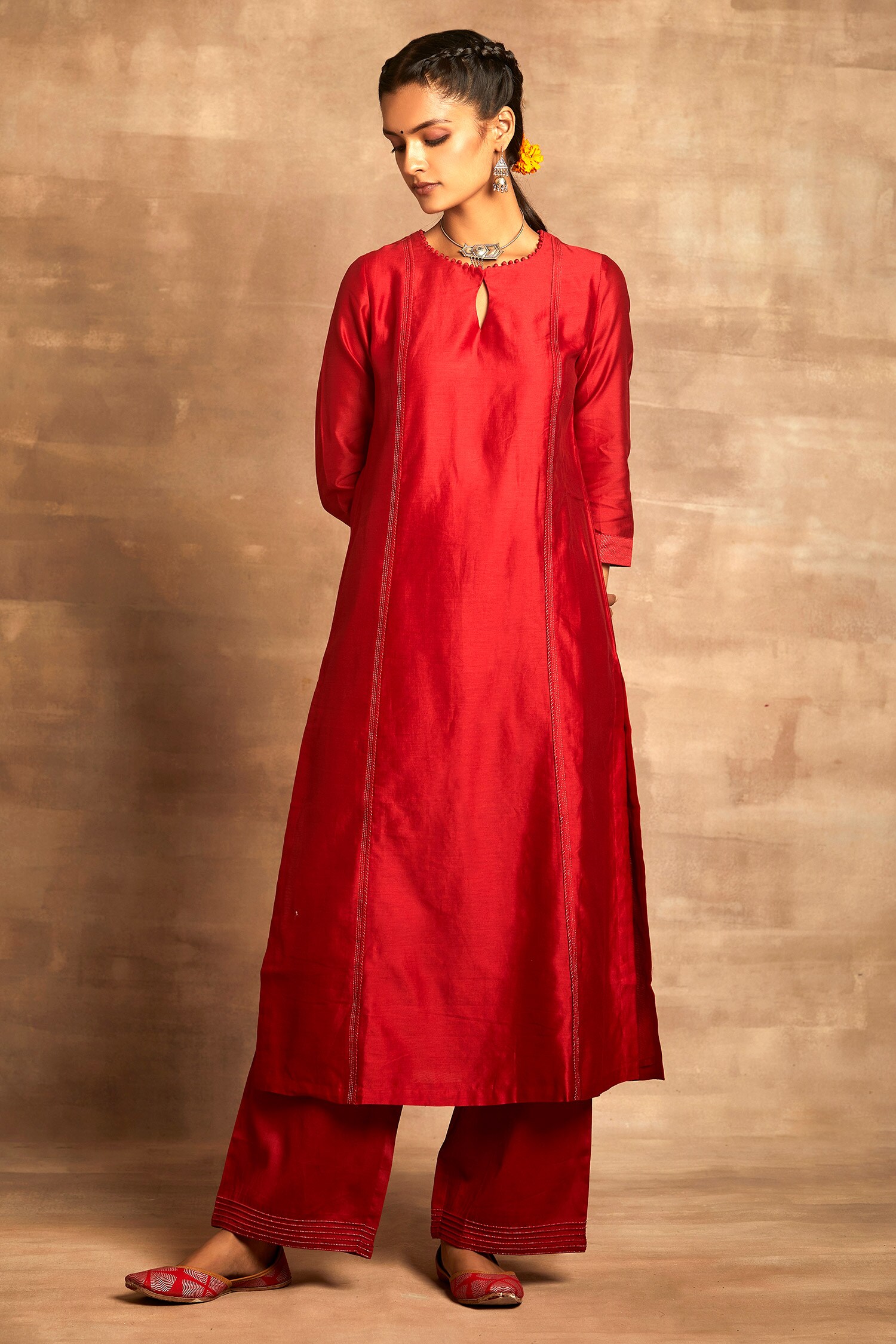 Buy Saundh Red Chanderi Kurta Set Online | Aza Fashions