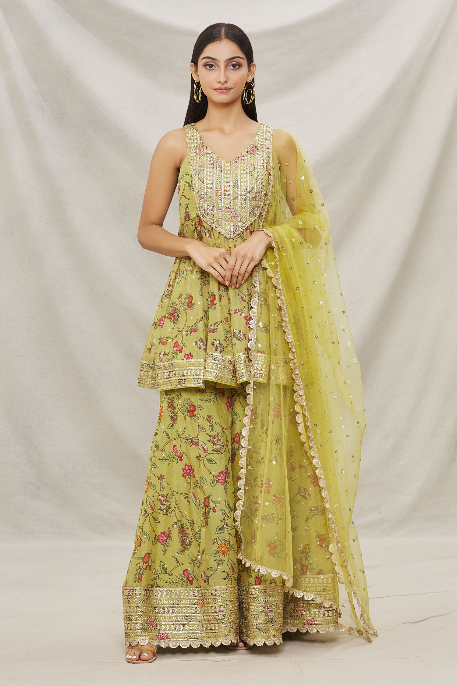 Buy Gopi Vaid Yellow Organza Floral Print Short Anarkali Sharara Set ...