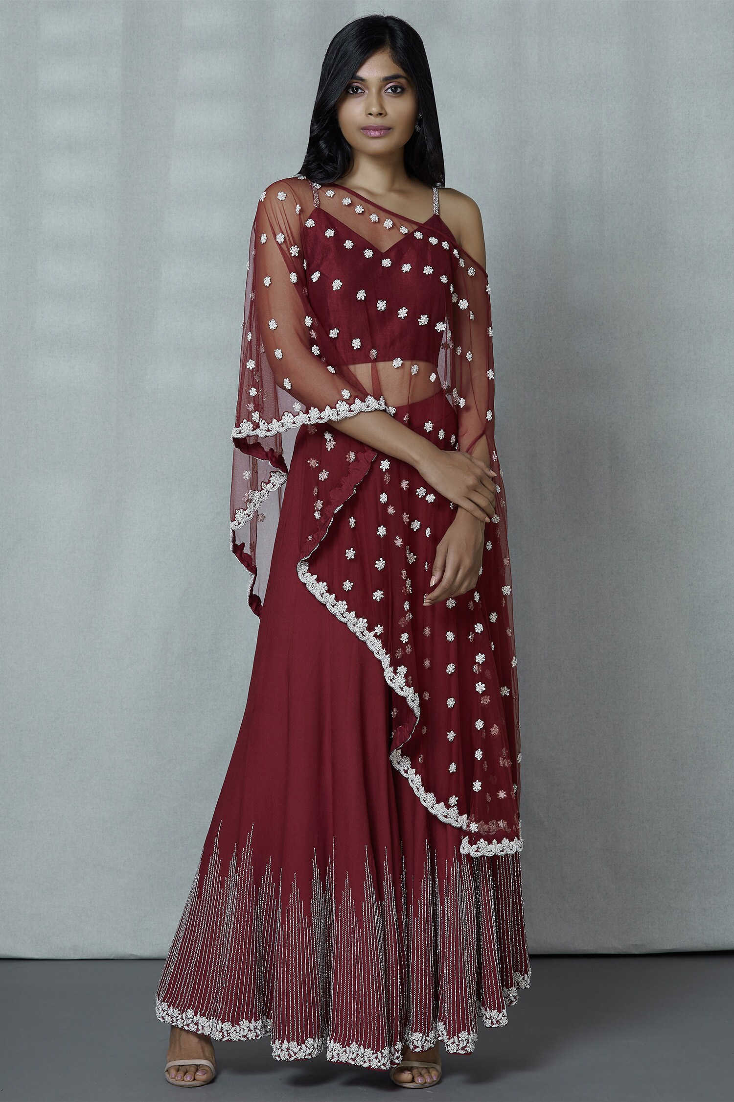 Buy Ariyana Couture Maroon Net Embroidered Cape Palazzo Set Online ...