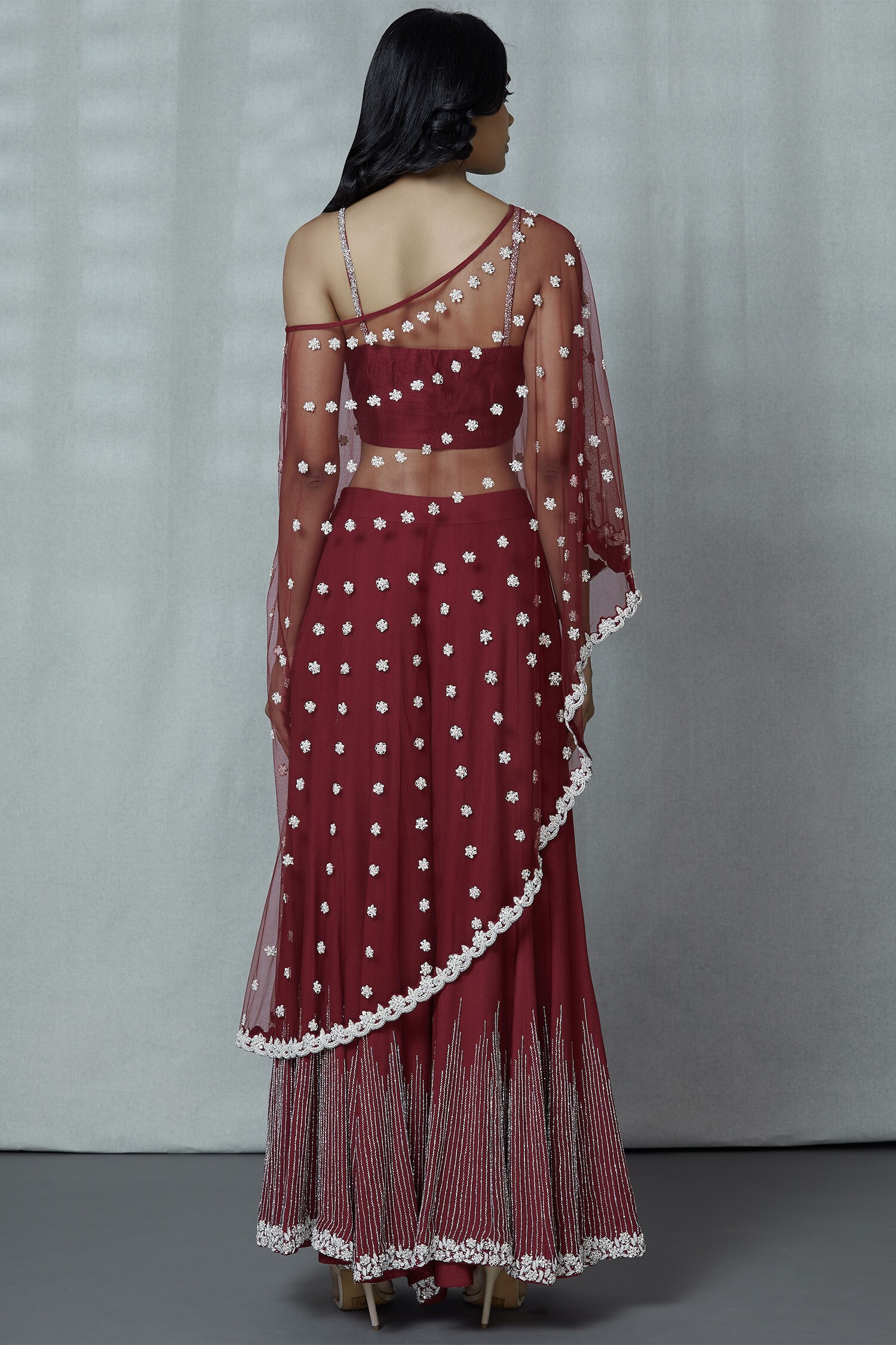 Buy Ariyana Couture Maroon Net Embroidered Cape Palazzo Set Online ...