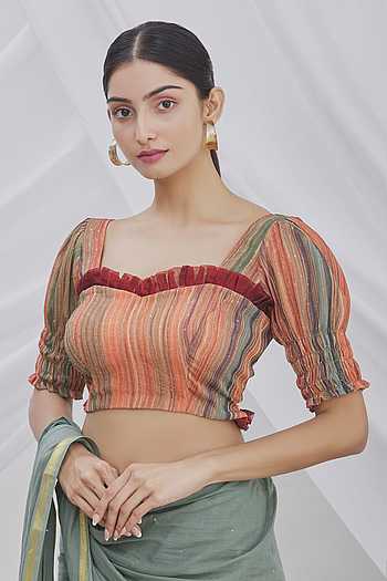 Buy Arihant Rai Sinha Multi Color Chinon Striped Colorblock Saree ...