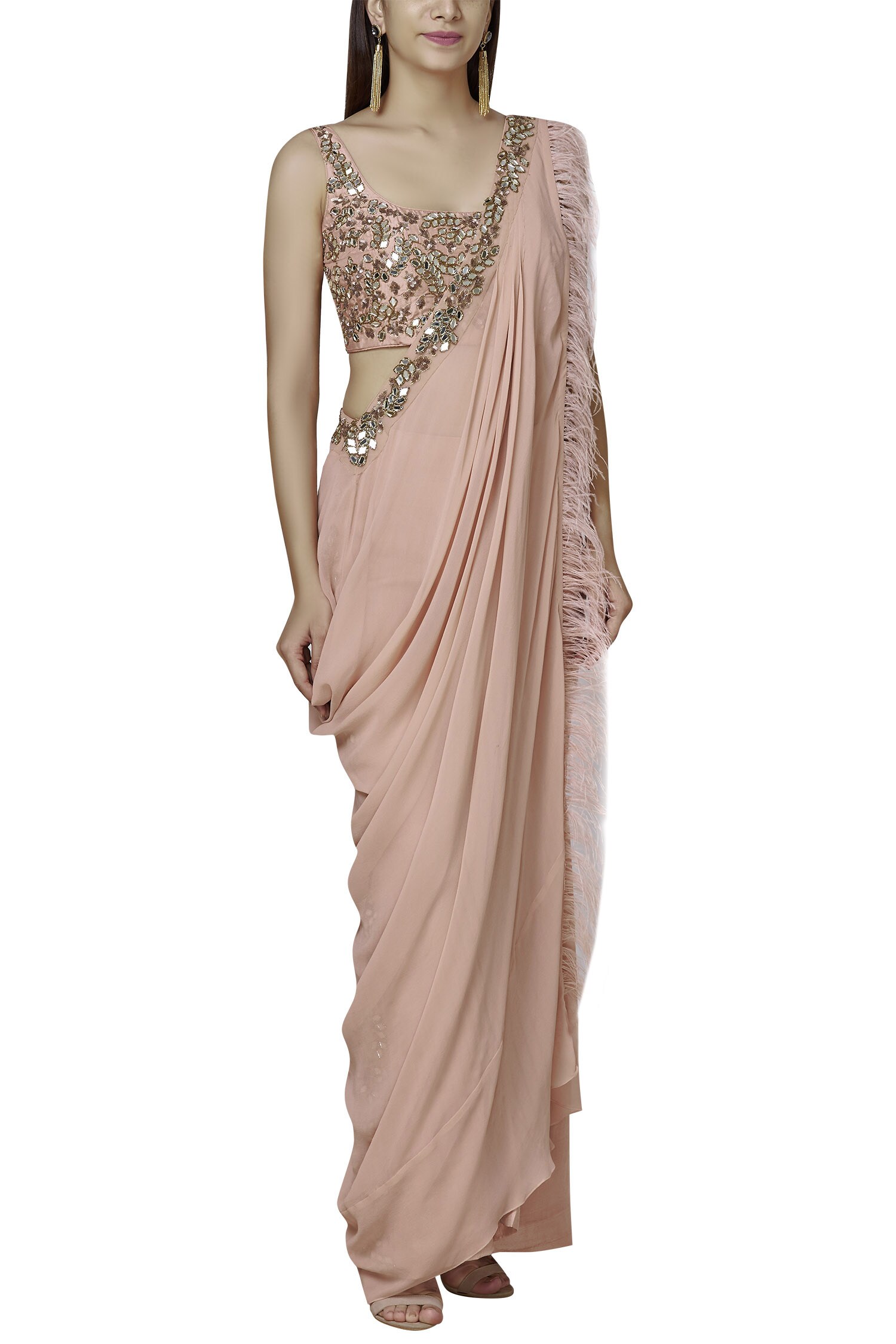 Buy Rococo Peach Pure Silk Pre-draped Saree Pant Set Online | Aza Fashions