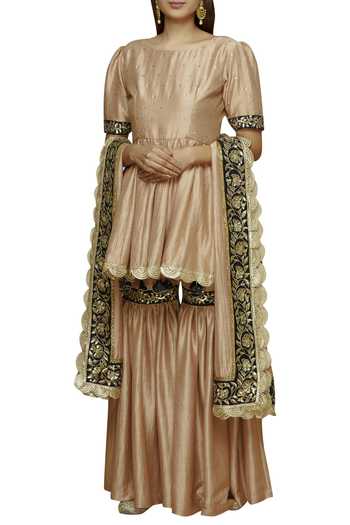 Buy Ranian Beige Silk Embellished Kurta Sharara Set Online | Aza Fashions