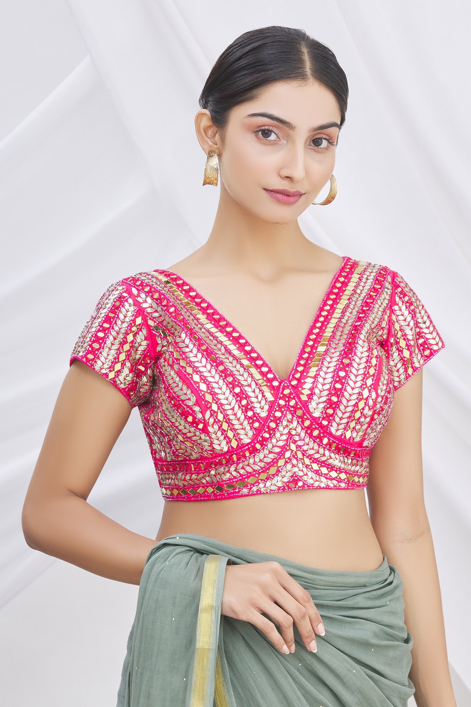 Buy Pink Silk V Neck Mirror Embroidered Saree Blouse For Women by ...