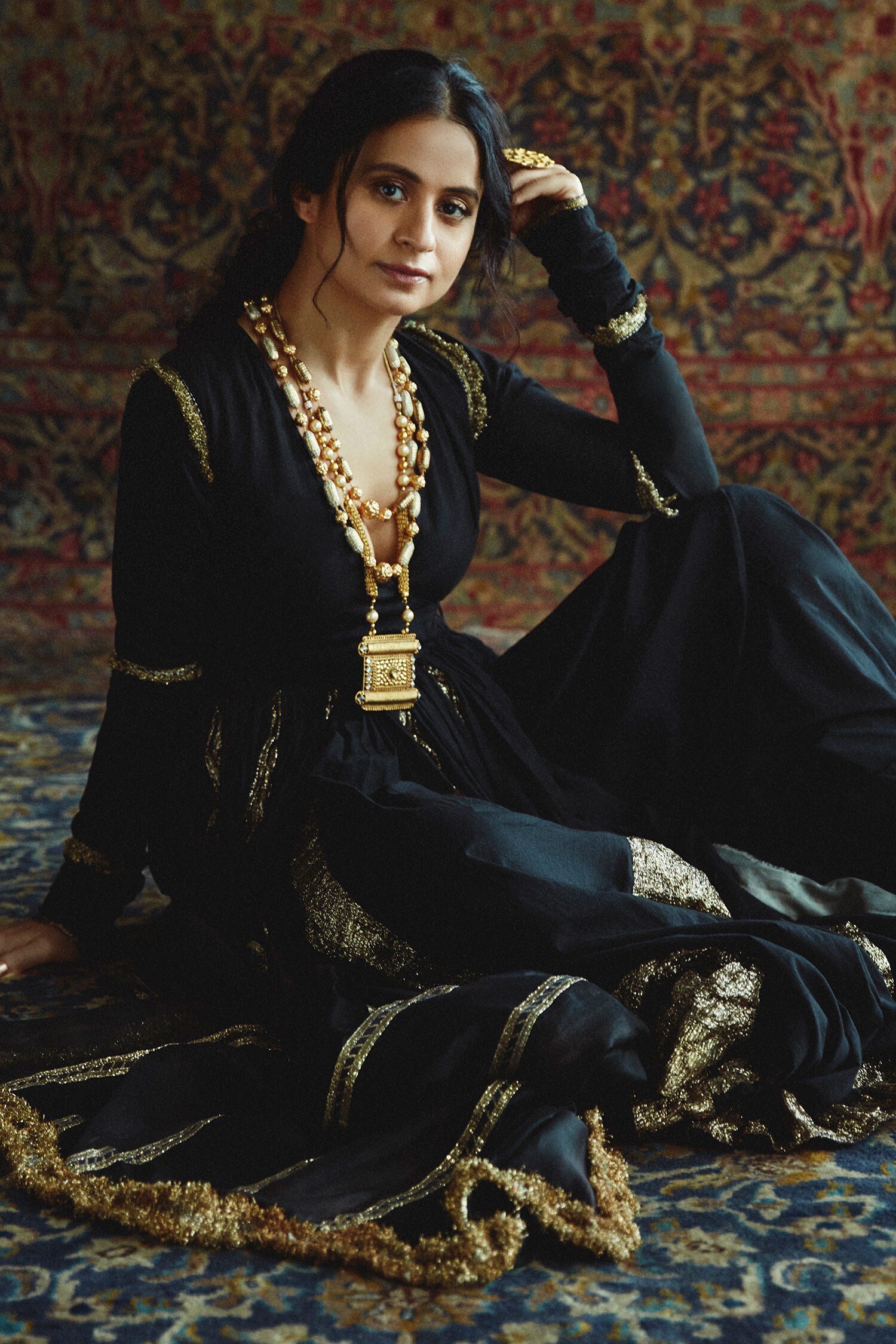 Buy Black Embroidery V Neck Angarkha With Dupatta For Women by Itrh ...