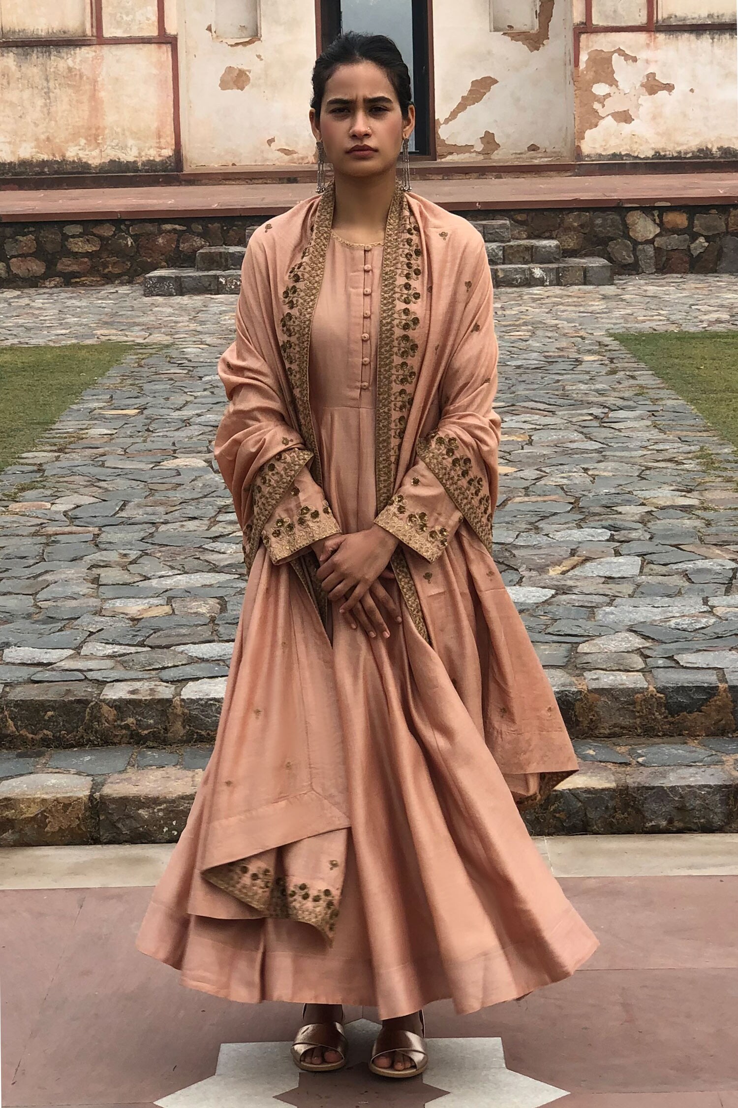 Buy Peach Chanderi Zardozi Round Anarkali With Dupatta For Women by ...