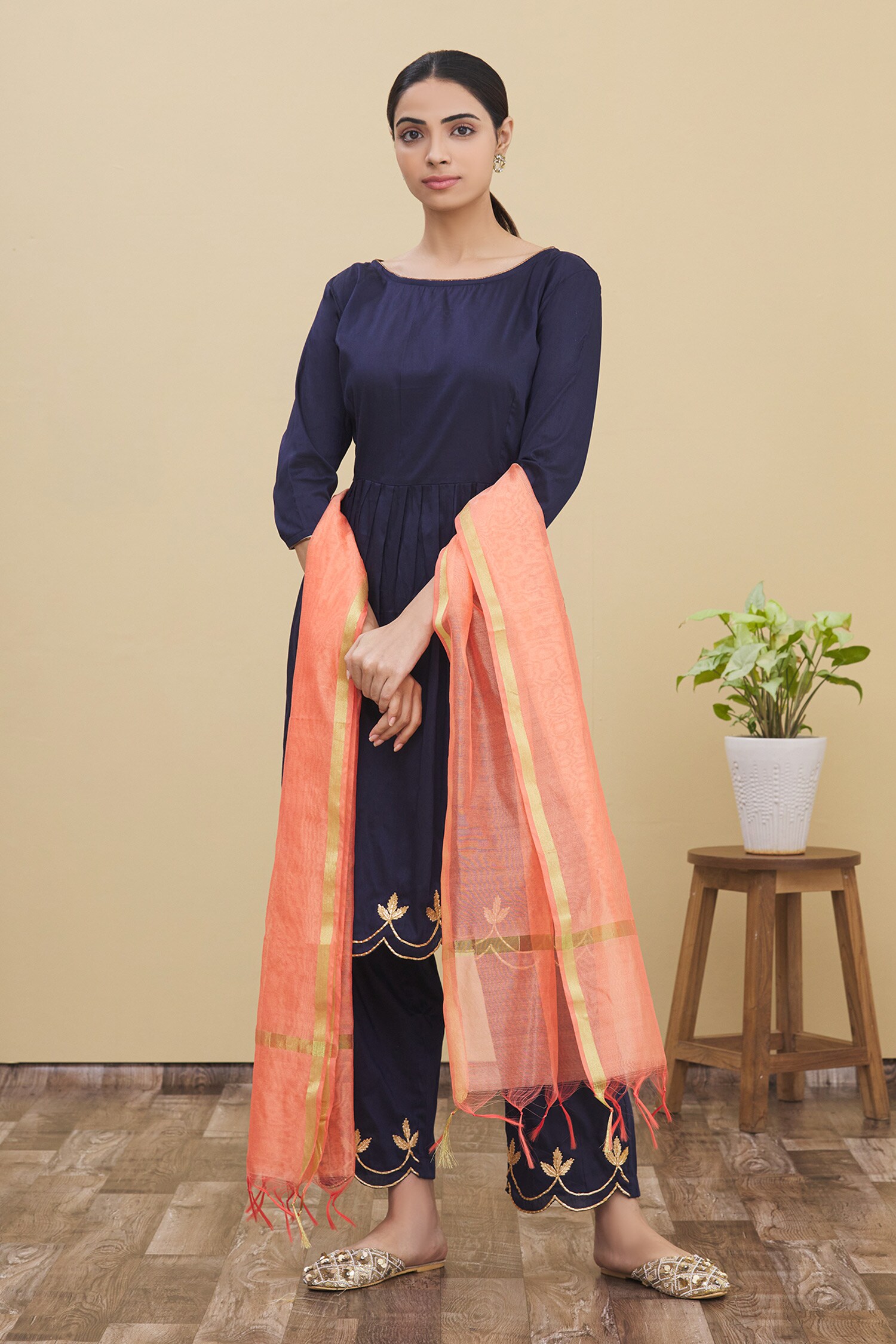 Buy Samyukta Singhania Blue Cotton Silk Pleated Kurta Set Online | Aza ...