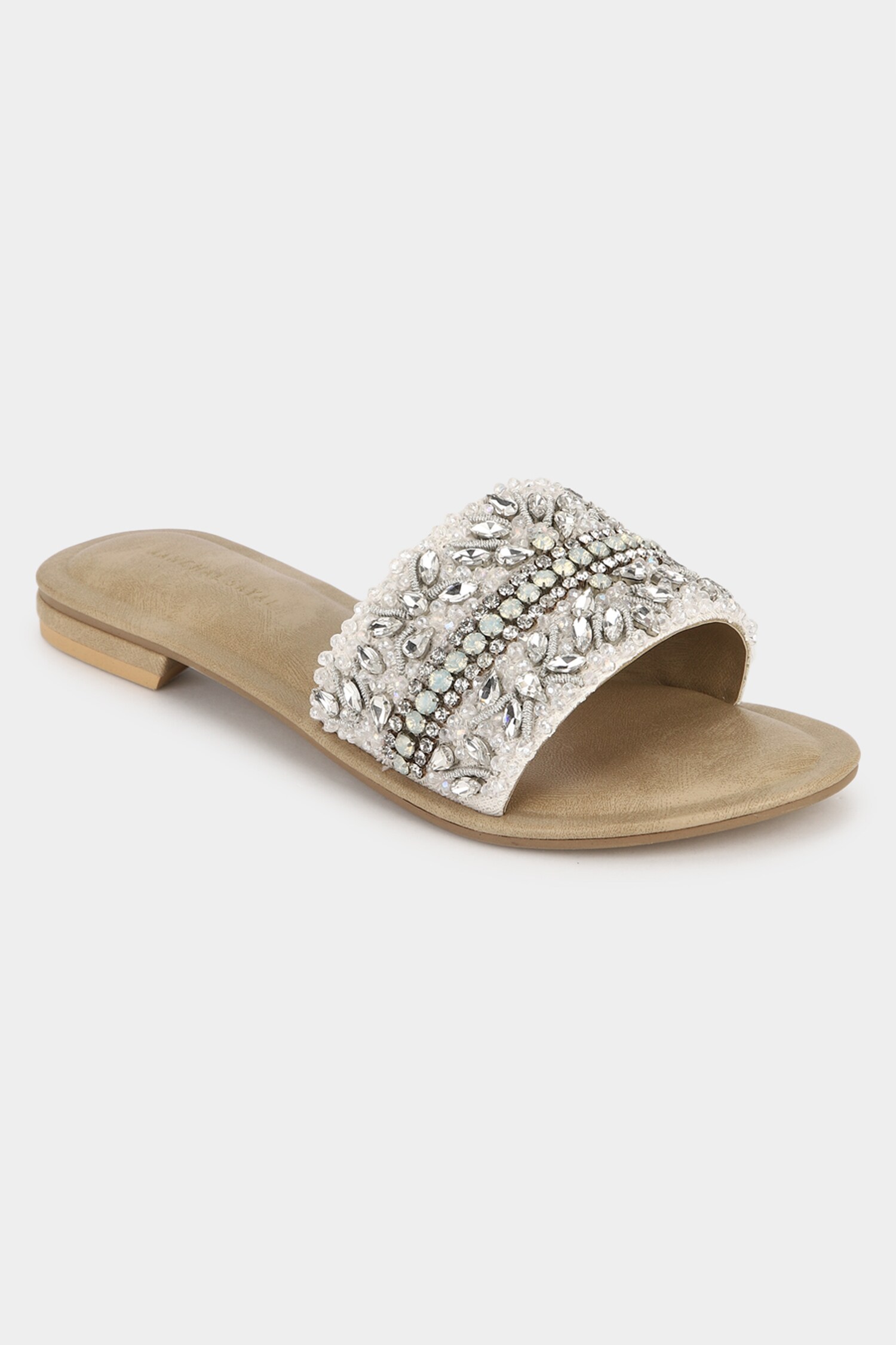 Buy Aanchal Sayal White Crystal Embellished Sliders Online | Aza Fashions