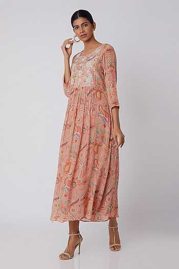 Buy Peach Bemberg Crepe Printed Dress For Women by Archana Shah Online ...