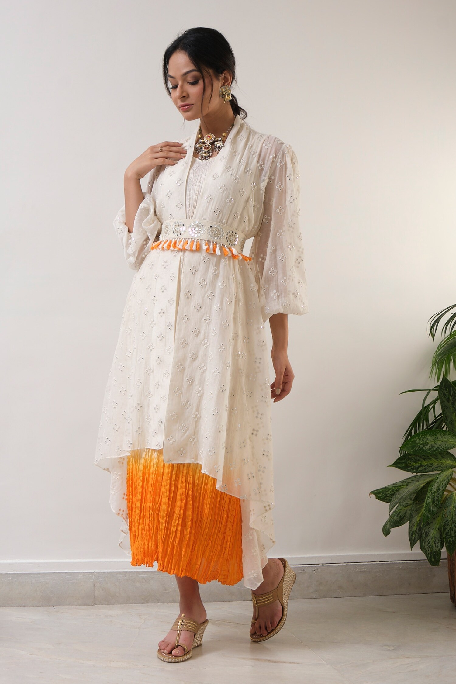 Buy Aditi Somani White Chanderi Mirror Work Jacket Tunic Set Online ...