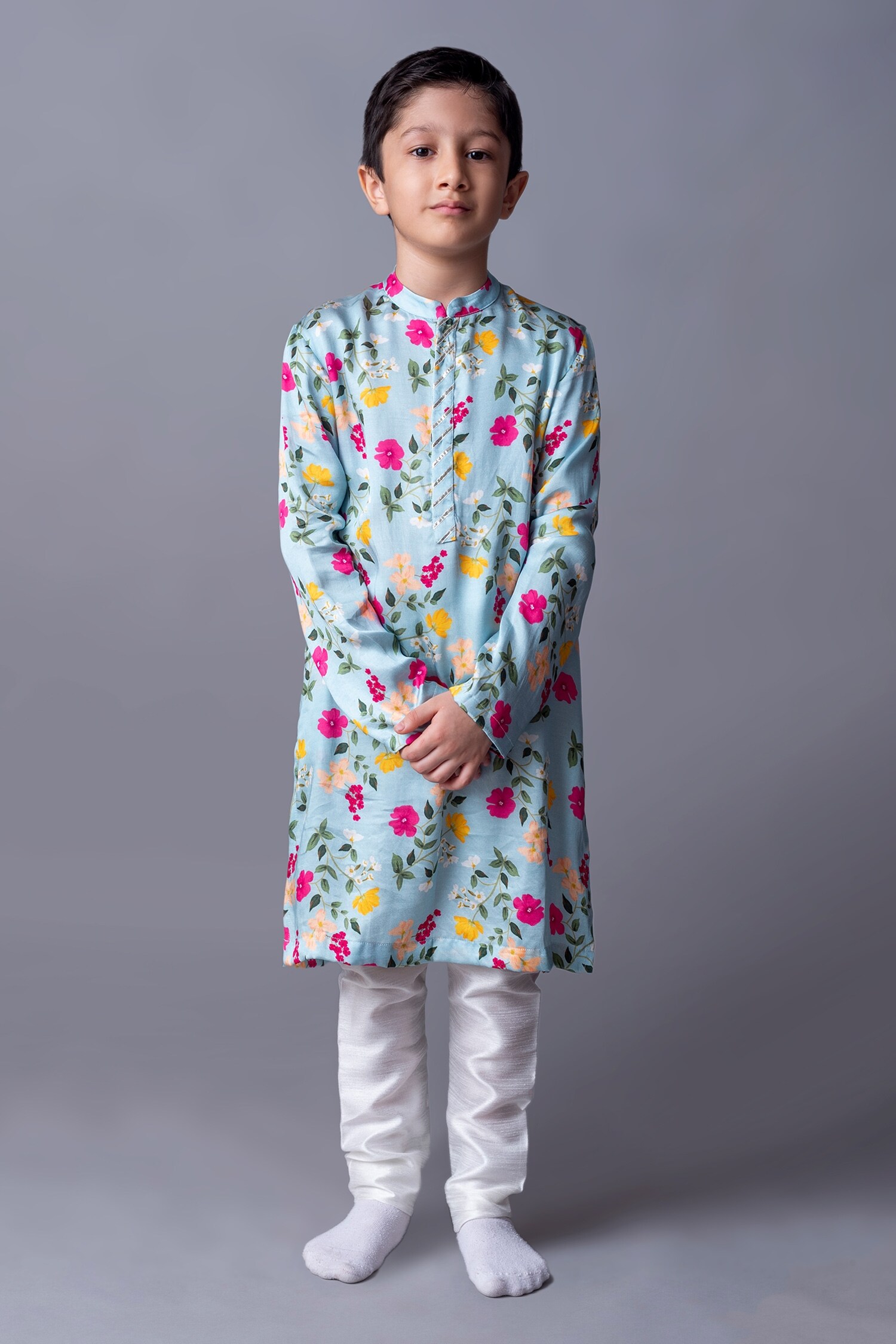 Buy Blue Kurta: Modal Satin Printed Floral Sky Bloom Set For Boys by Ba ...
