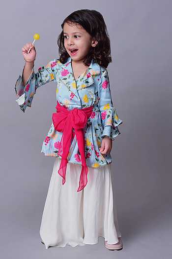 Buy Blue Modal Satin Printed Floral Sky Bloom Peplum Kurta And Sharara ...