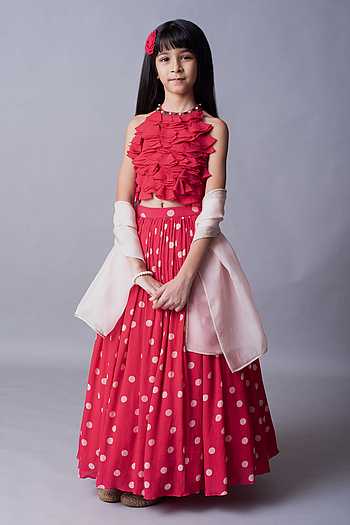 Buy Red Art Crepe Printed Polka Dots Lehenga Set For Girls by Ba Ba ...