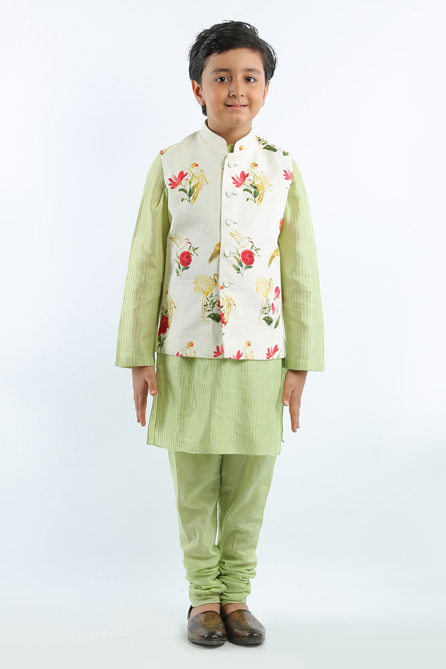 Buy Ivory Linen Printed Floral Bundi For Boys by Bal Bachche By Rohit ...