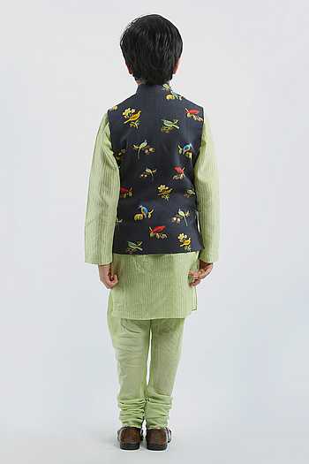 Buy Rohit Bal Black Linen Bird Print Bundi For Boys Online | Aza Fashions