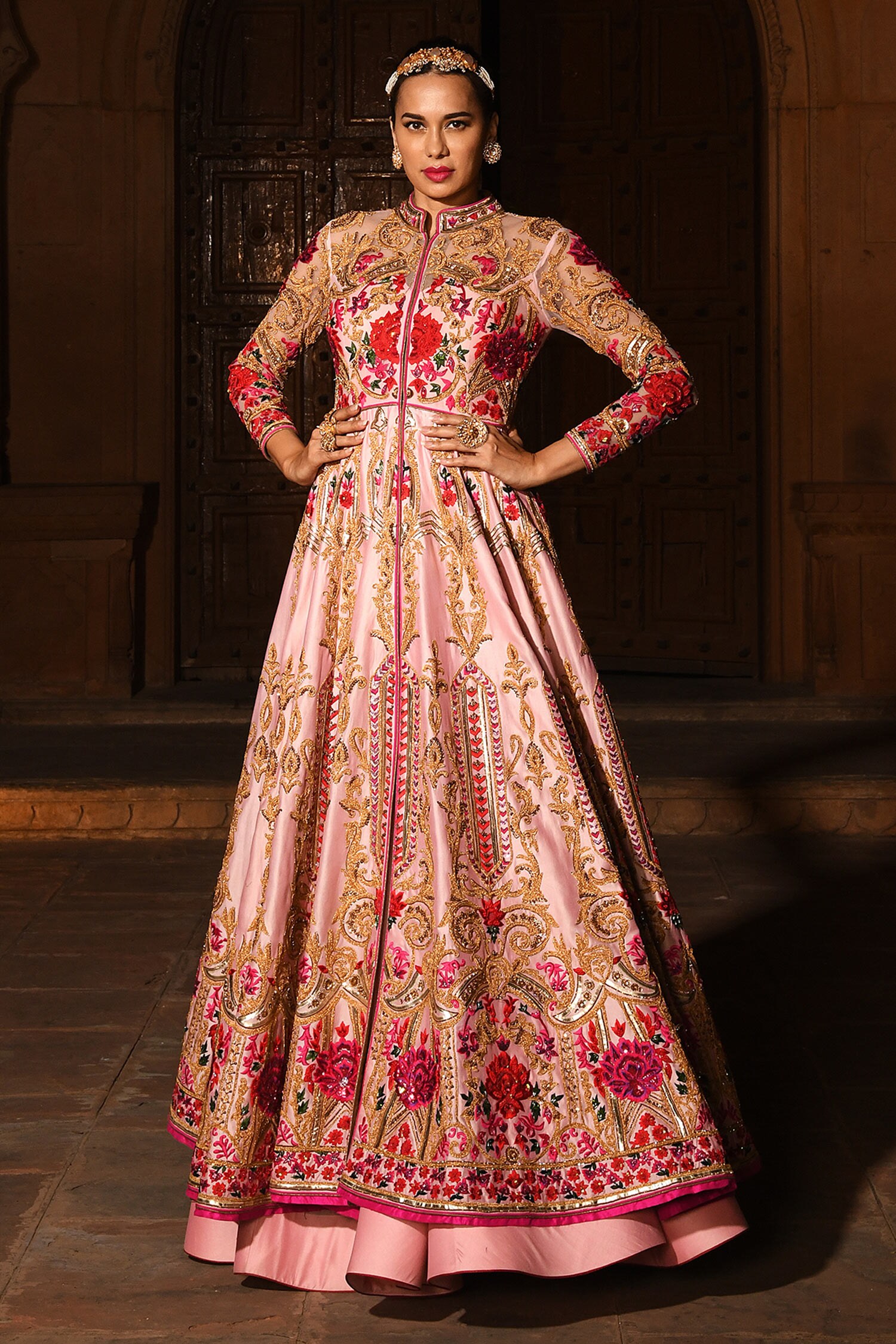 Buy Pink Chanderi Silk Mandarin Collar Embroidered Jacket Lehenga Set ...