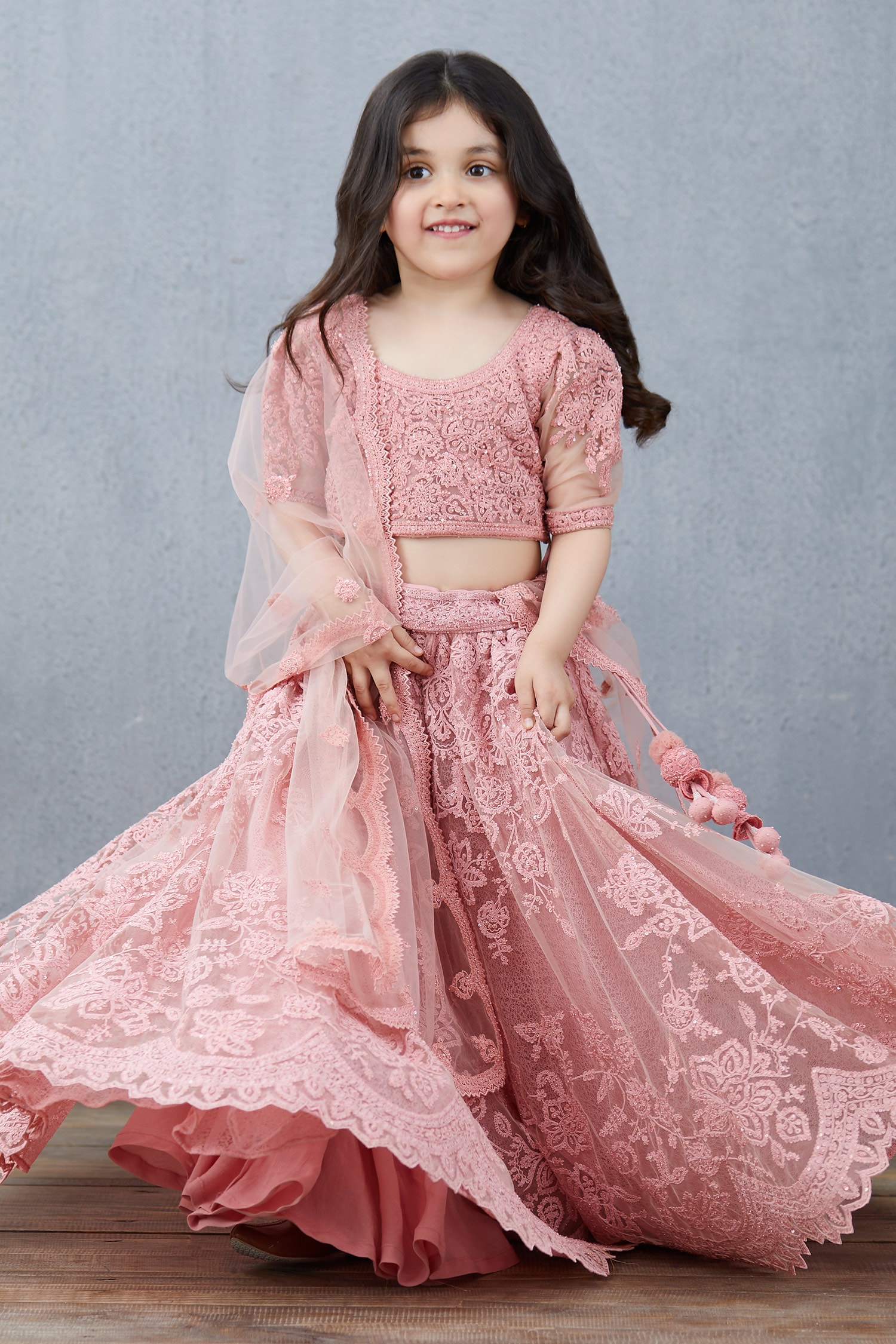 Buy Pink Net Floral Embroidered Lehenga Set For Girls by Torani Online ...