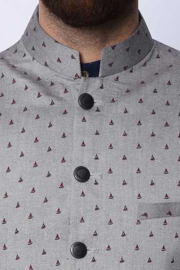 Buy Spring Break Grey Cotton Printed Nehru Jacket Online | Aza Fashions