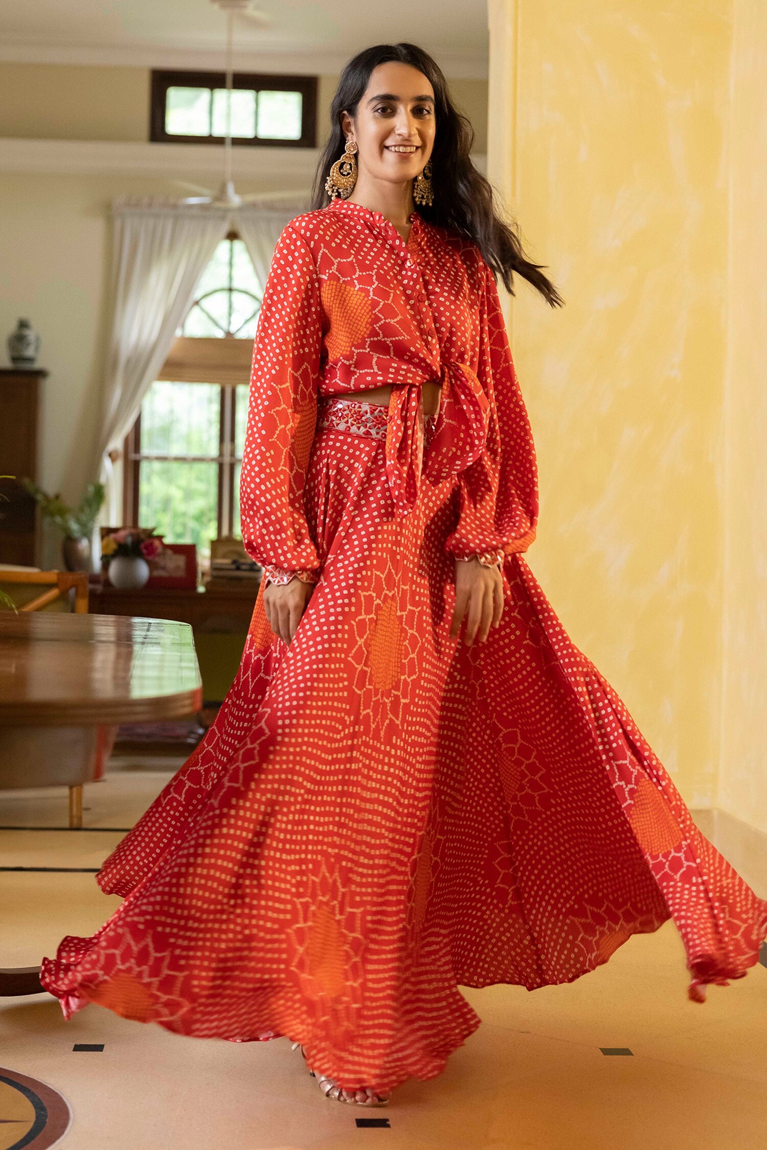 Buy Basanti - Kapde Aur Koffee Red Crepe Satin Bandhani Print Shirt And ...