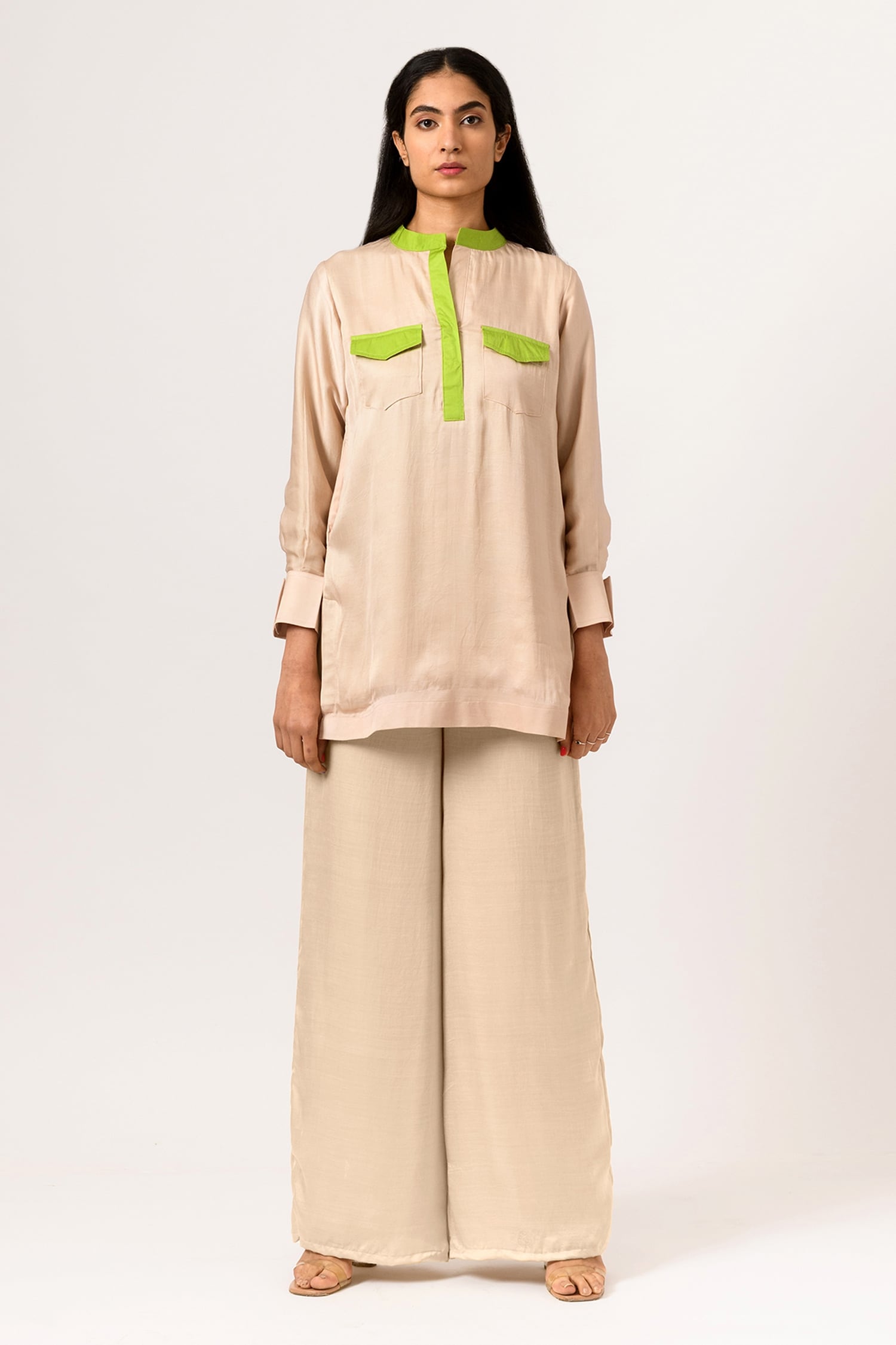 Buy Beige Sustainable Silk Plain Band Collar Top For Women by Neora By ...