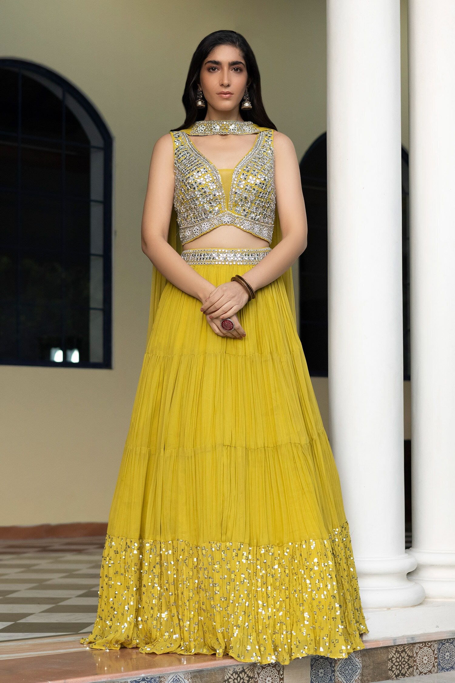 Buy Basanti - Kapde Aur Koffee Yellow Tiered Lehenga Set Online | Aza ...