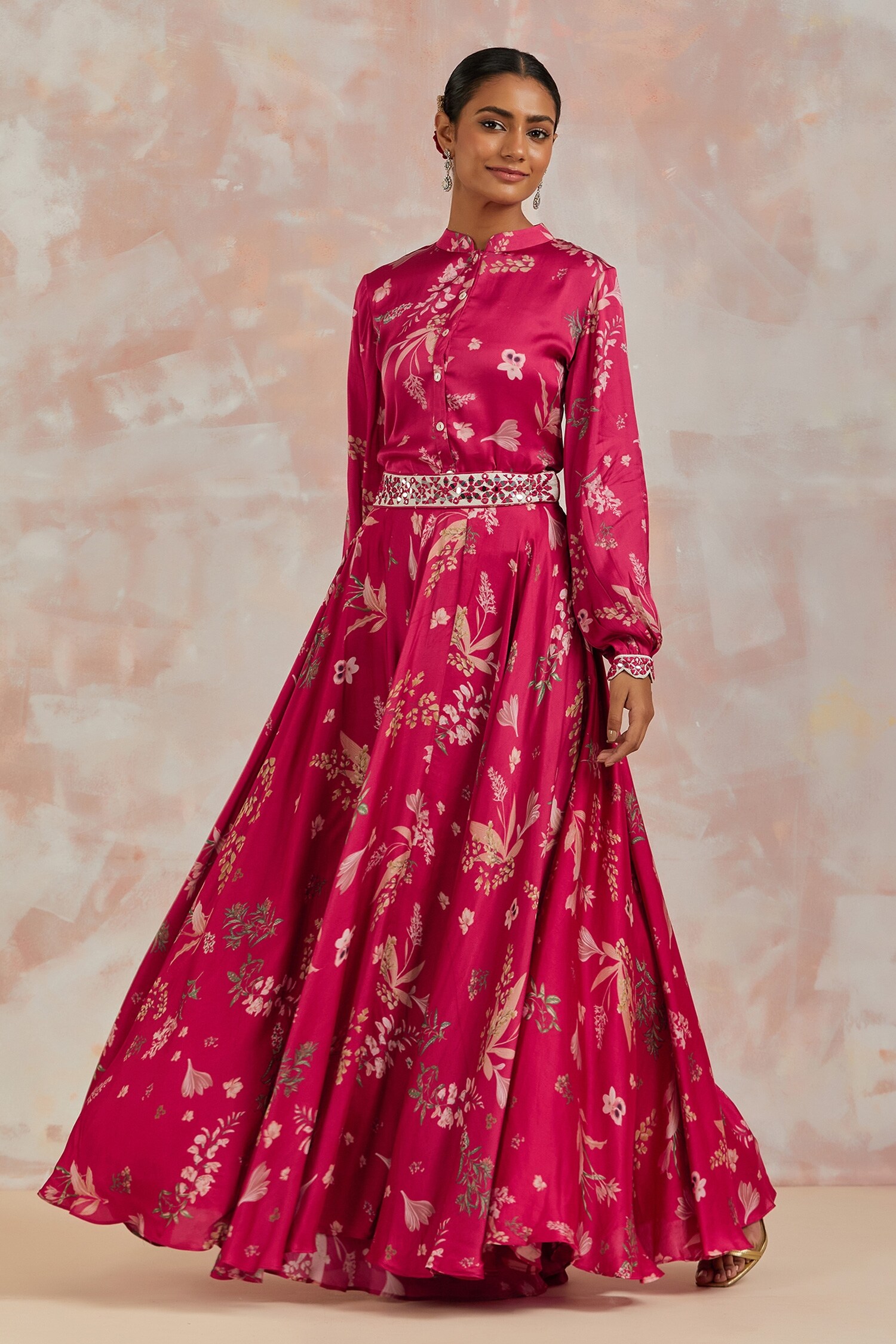 Buy Basanti - Kapde Aur Koffee Red Modal Satin Floral Print Lehenga And ...