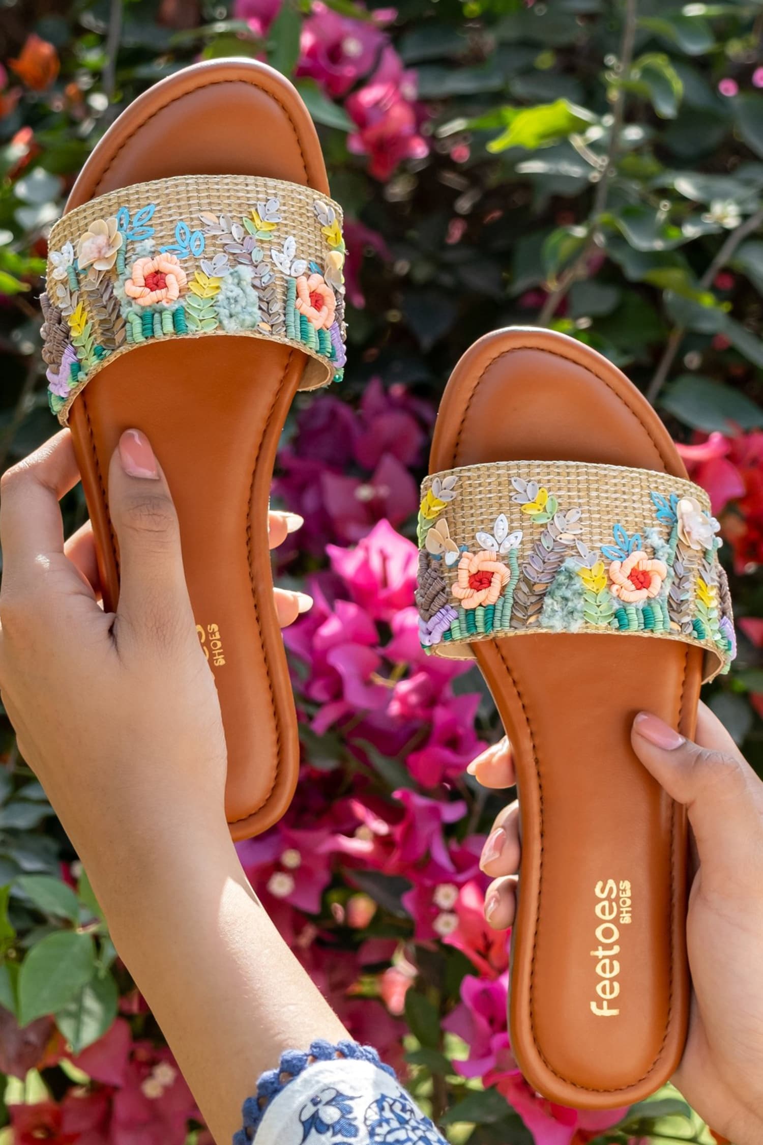 Buy Feetoes Shoes Beige Faux Leather Floral Embroidered Sliders Online ...