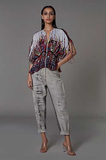 Buy Multi Color Cotton Silk And Chiffon Abstract Round Kaftan Blouse ...