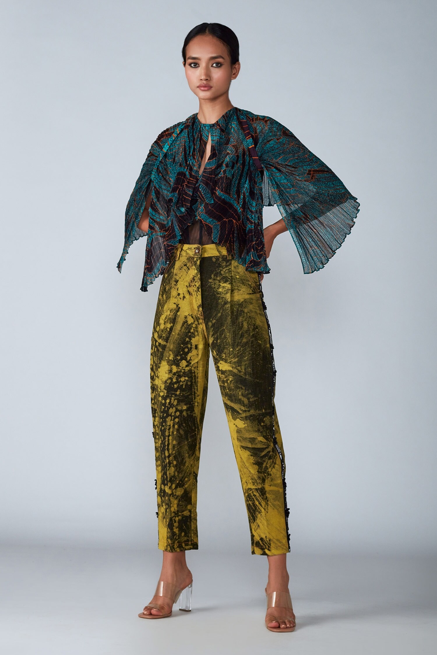 Buy Blue Polychiffon Printed Flower Pattern Round Winged Cape For Women ...