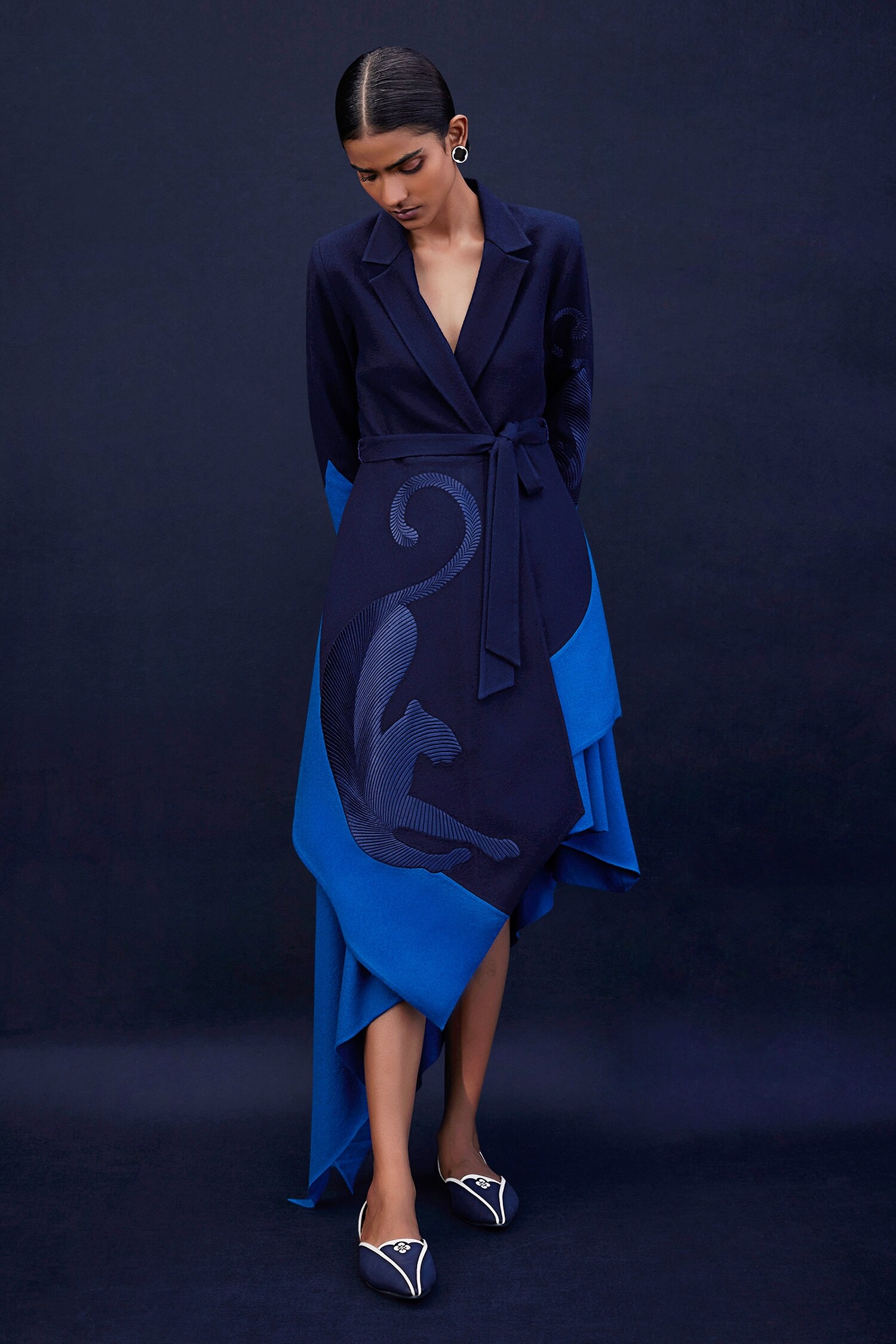 Buy Blue Wool 140gm Embroidered Cord Astrid Leopard Asymmetric Jacket ...