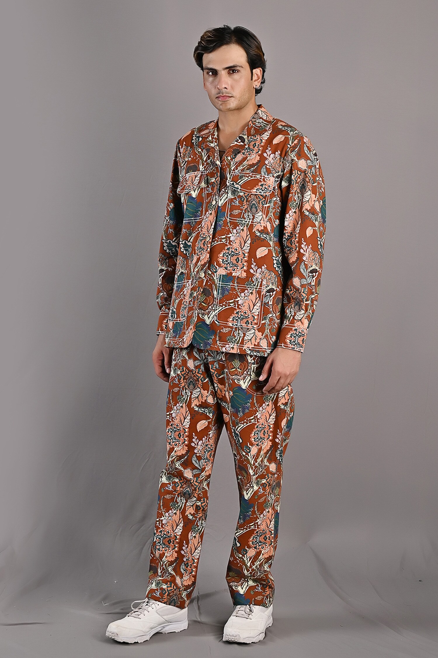 Buy Maroon Linen Digital Elijah Shacket And Pant Set For Men by Bohame ...