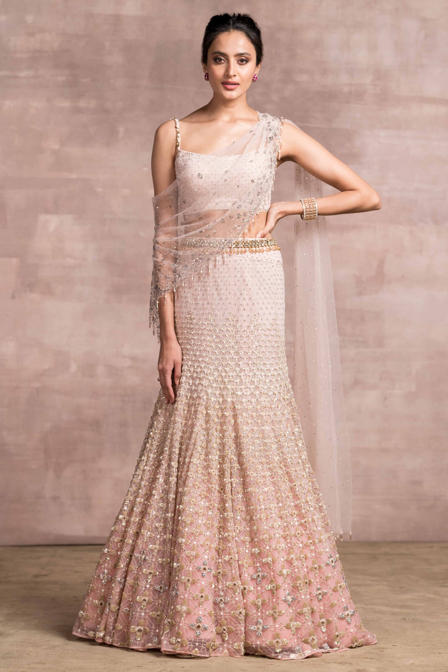 Buy Tarun Tahiliani Peach Tulle Trail Lehenga Set Online | Aza Fashions