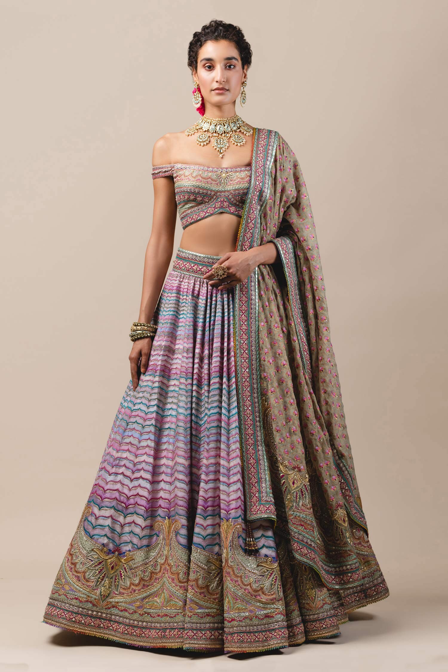 Buy Tarun Tahiliani Multi Color Silk Dupion Hand Painted Lehenga Set ...