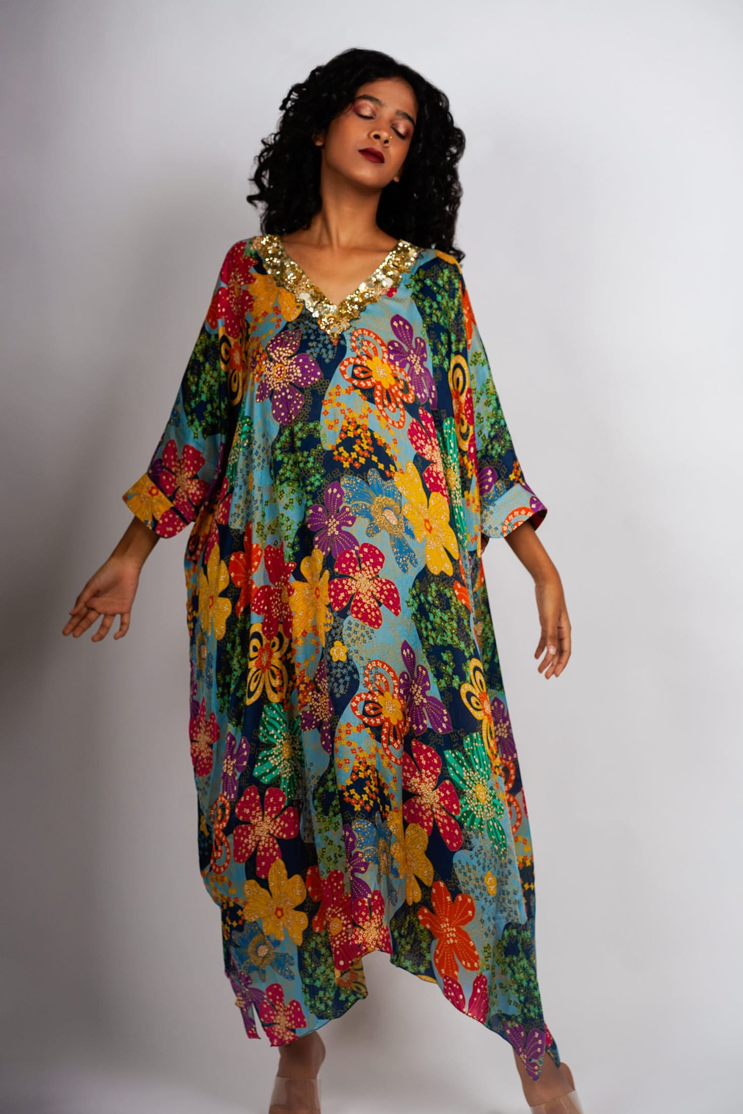 Buy Taavare Blue Floral Print Silk Kaftan Kurta And Pant Set Online ...