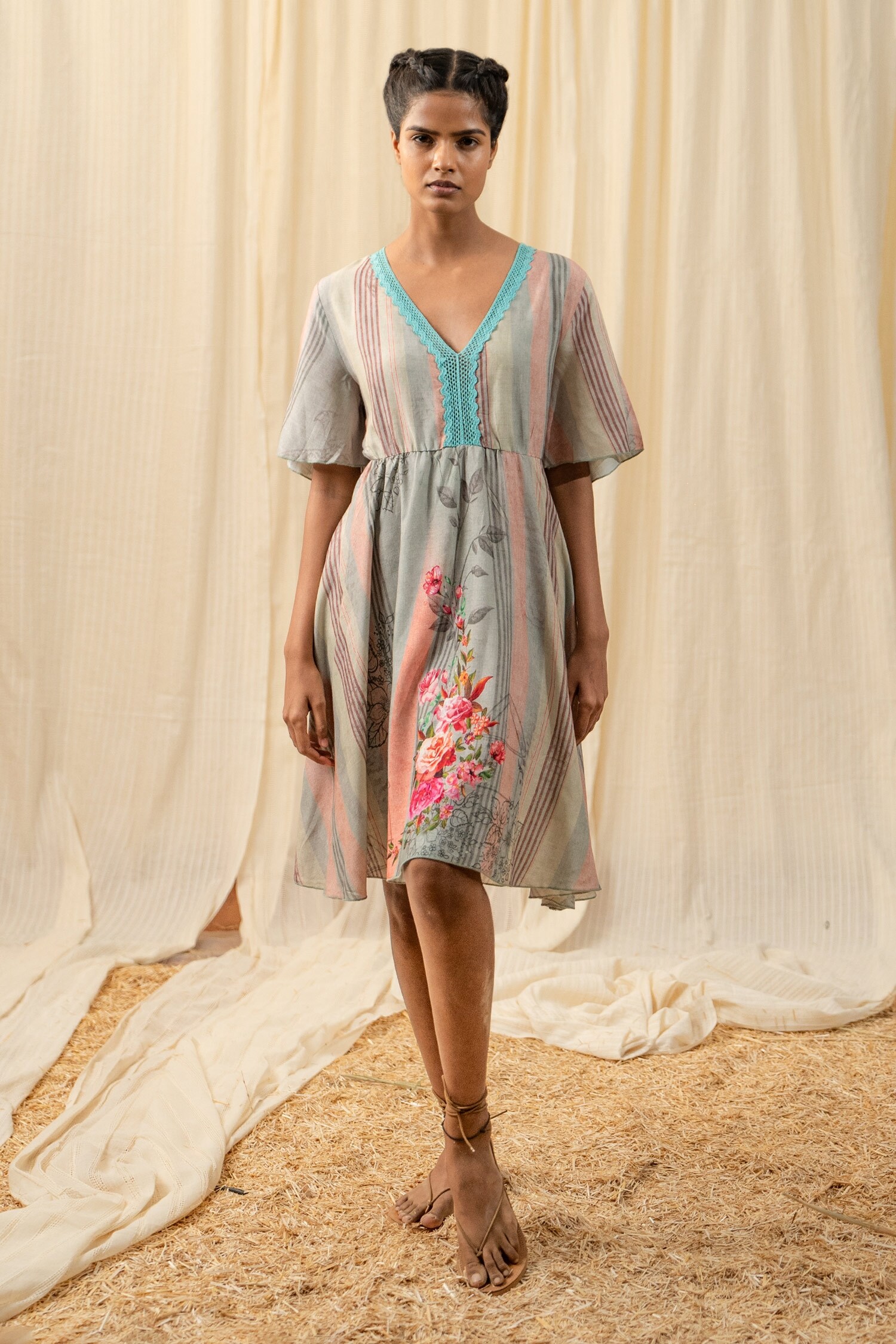 Buy Multi Color Rayon Printed Stripe V Neck Dress For Women by Label ...