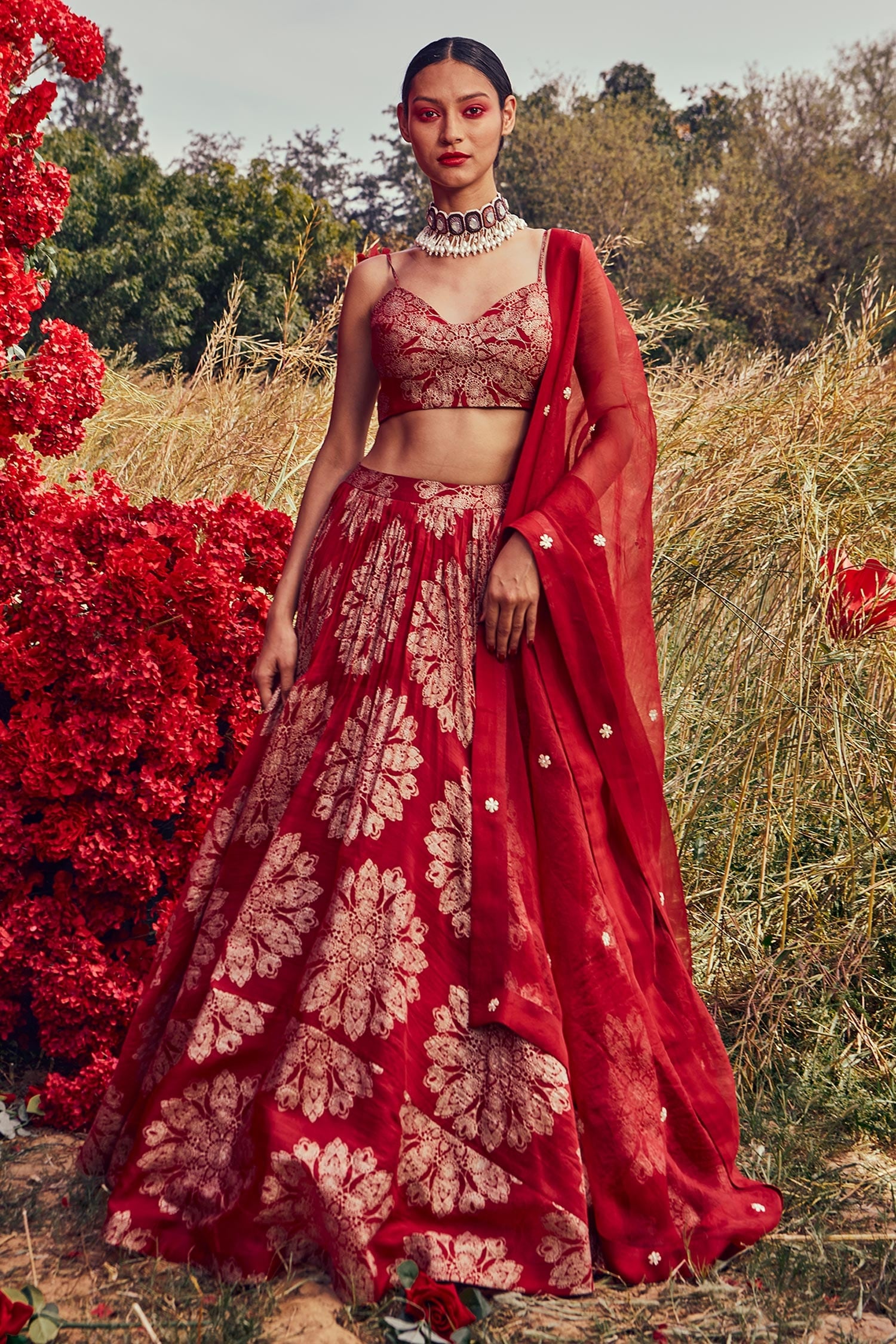 Buy Red Organza And Embroidery Tara V Neck Lehenga Set For Women By