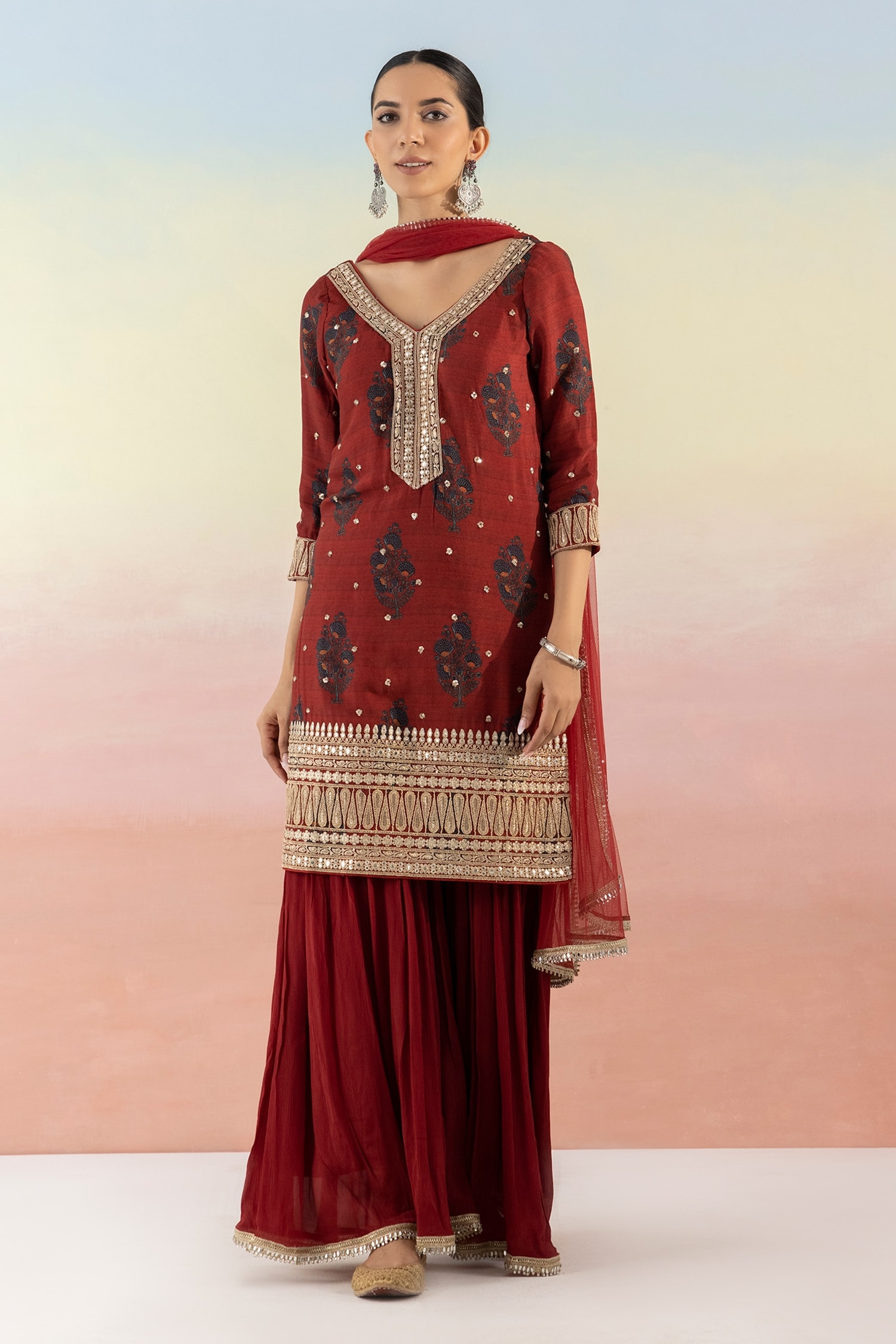 Buy Basanti - Kapde Aur Koffee Red Chanderi Silk Floral Print Kurta ...