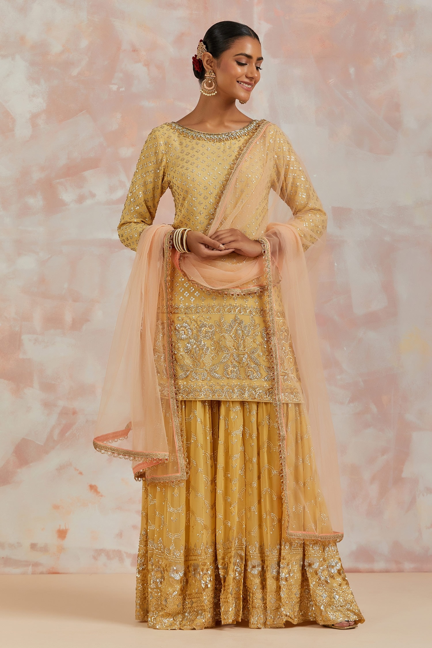 Buy Yellow Georgette Embroidered Sequin Boat Kurta Sharara Set For ...
