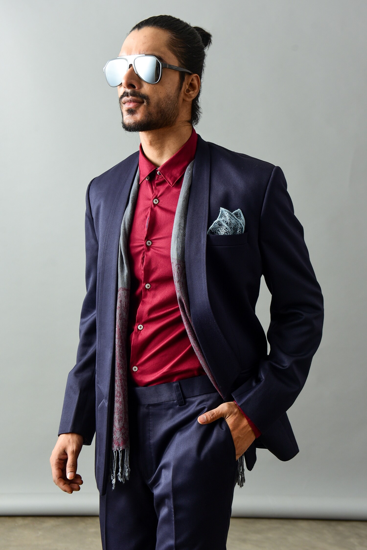 Buy Agape Blue Suiting Fabric Inverted Lapel Suit Set Online | Aza Fashions