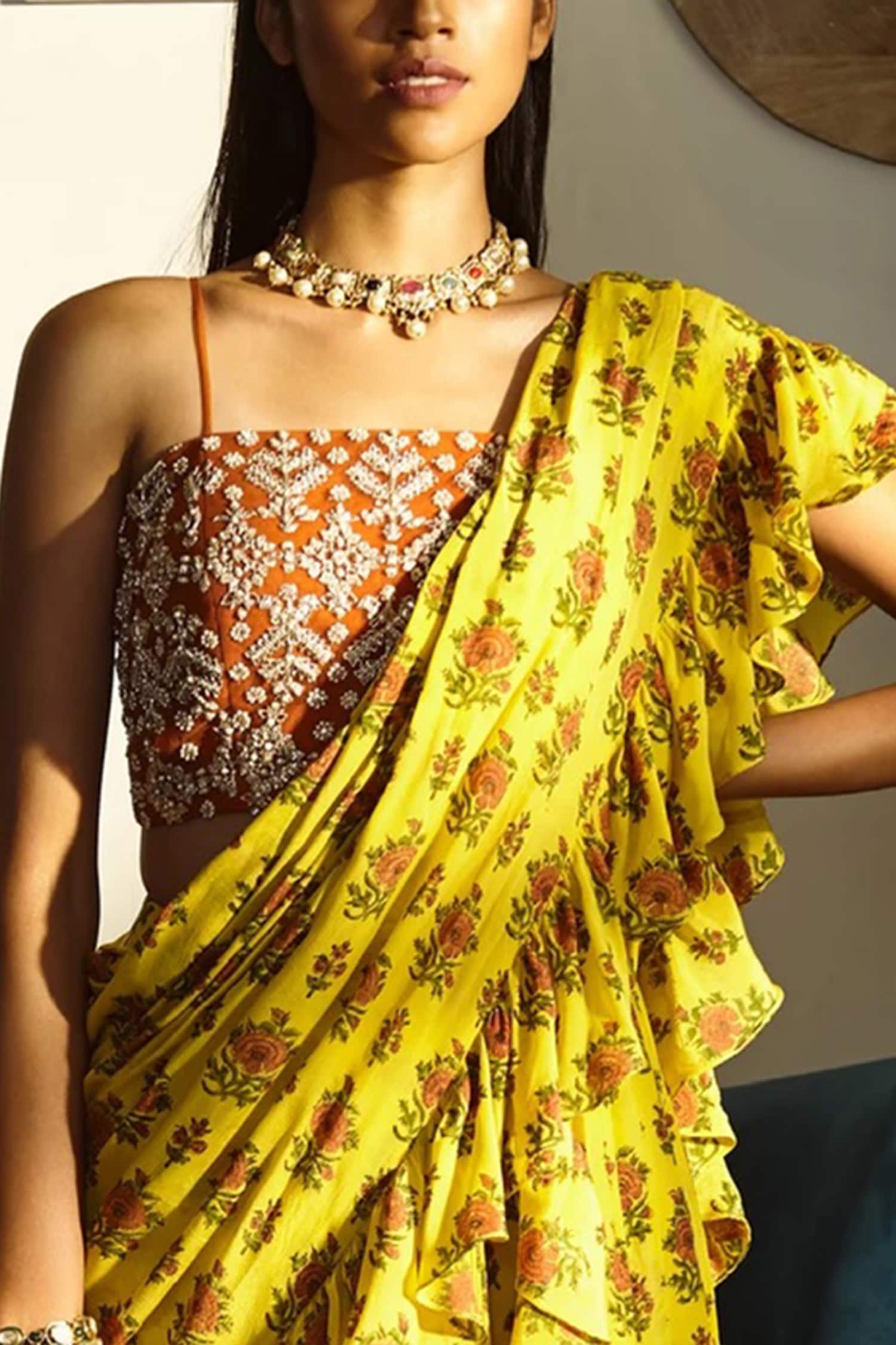 Buy Bhumika Sharma Yellow Crepe Ruffle Layered Saree Online | Aza Fashions