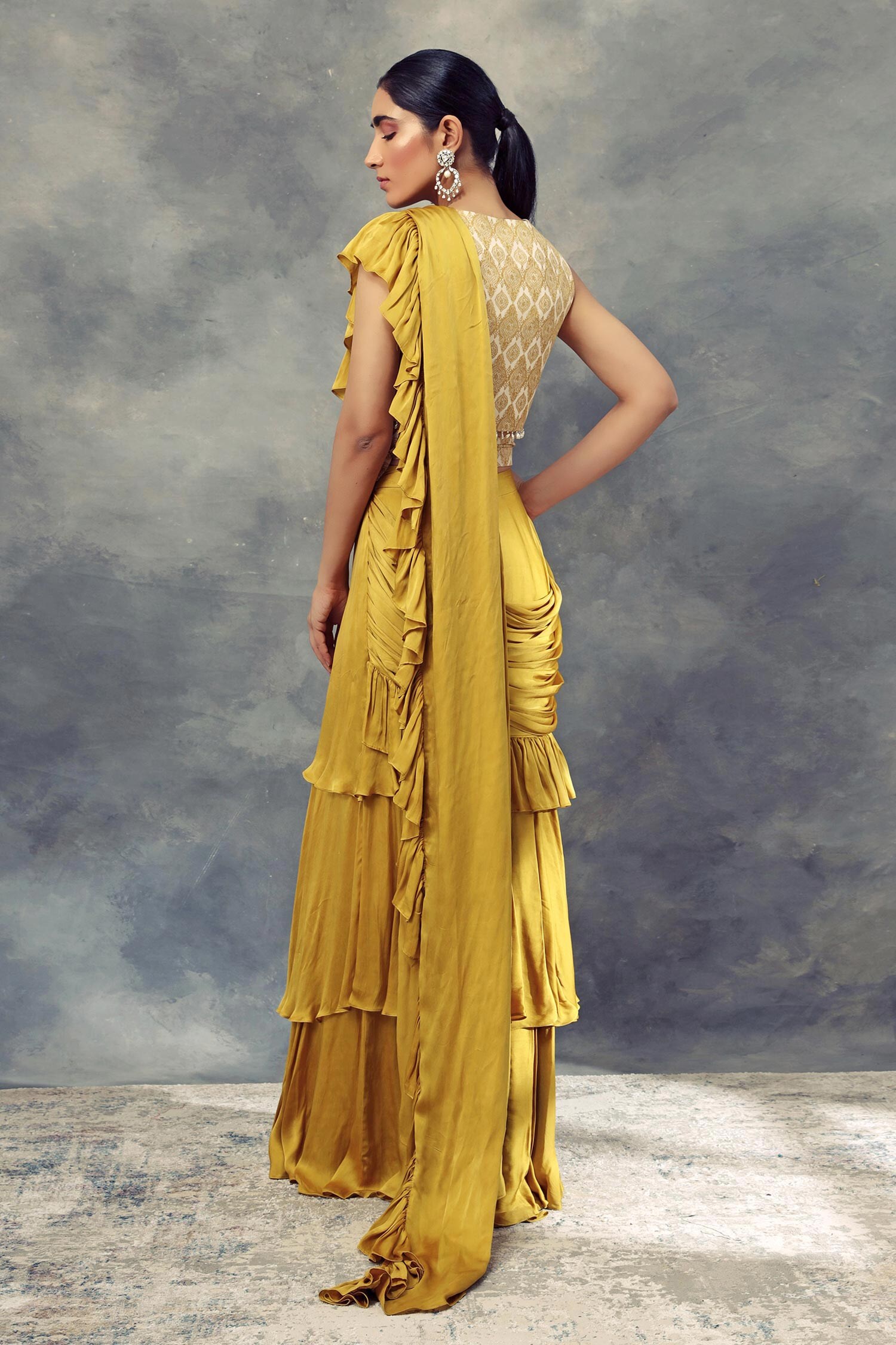 Buy Bhumika Sharma Yellow Satin Crepe Pre-draped Layered Ruffle Saree ...