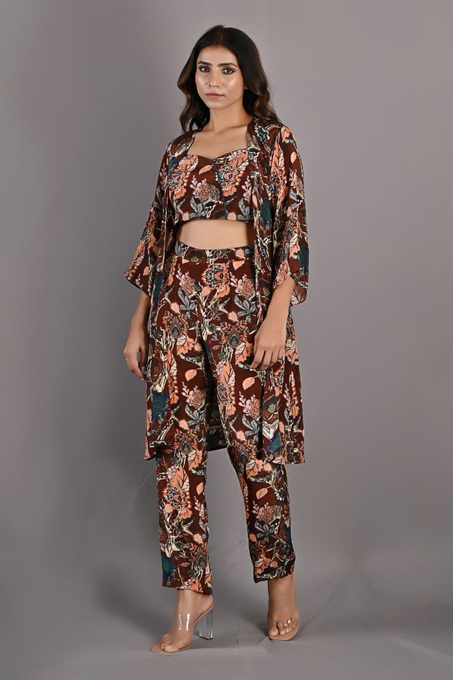 Buy Bohame Maroon Crepe Elestren Floral Print Cape And Pant Set Online ...