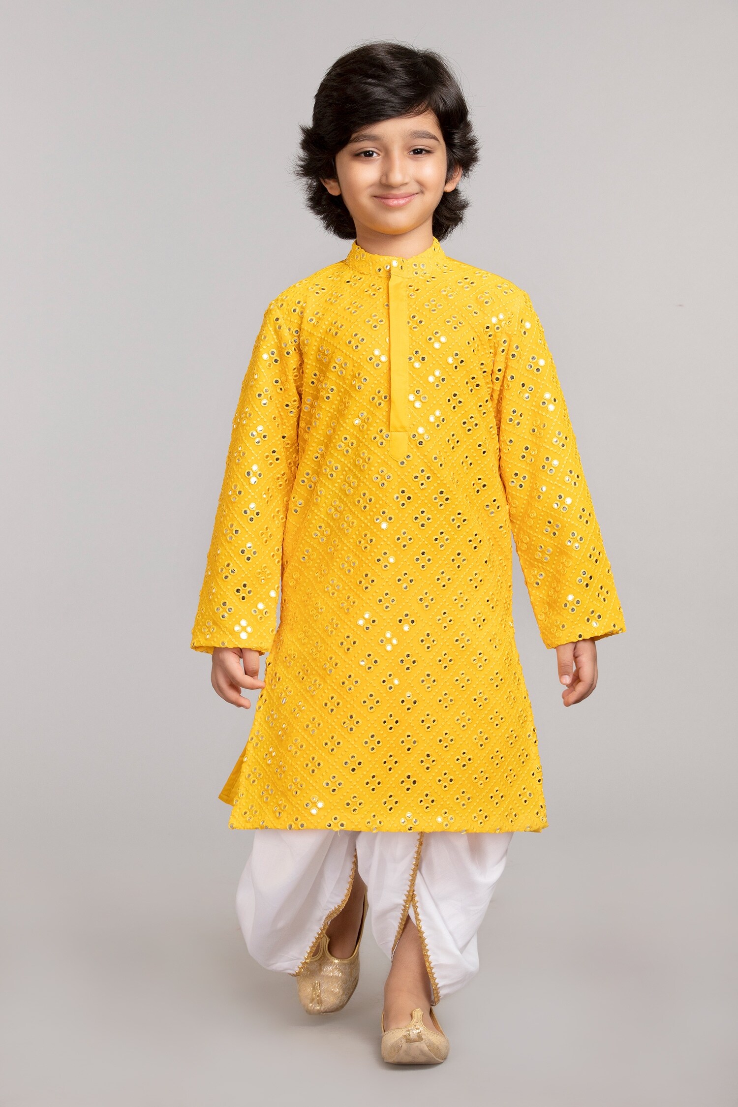Buy Yellow 100% Georgette Embroidery Mirror Kurta Set For Boys by Byb ...