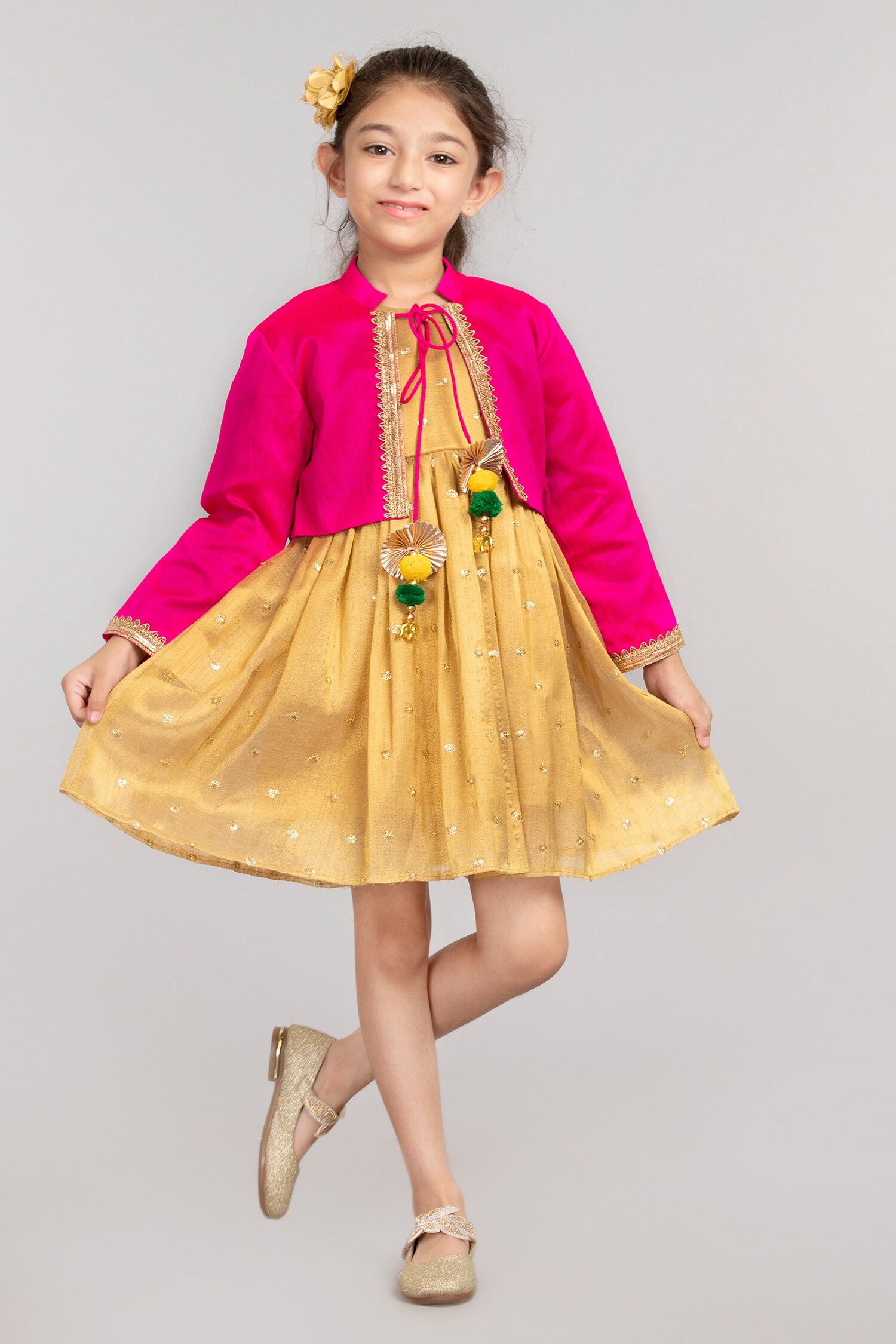 Buy Gold Chanderi Embellished Sequin Dress With Shrug For Girls by Byb ...